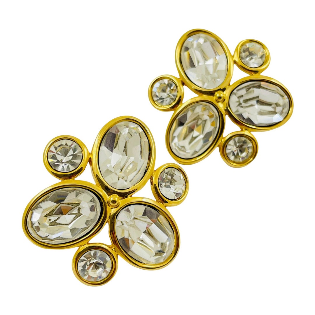 Vintage NAPIER Signed Huge Gold Glass Designer Runway Pierced Earrings ...