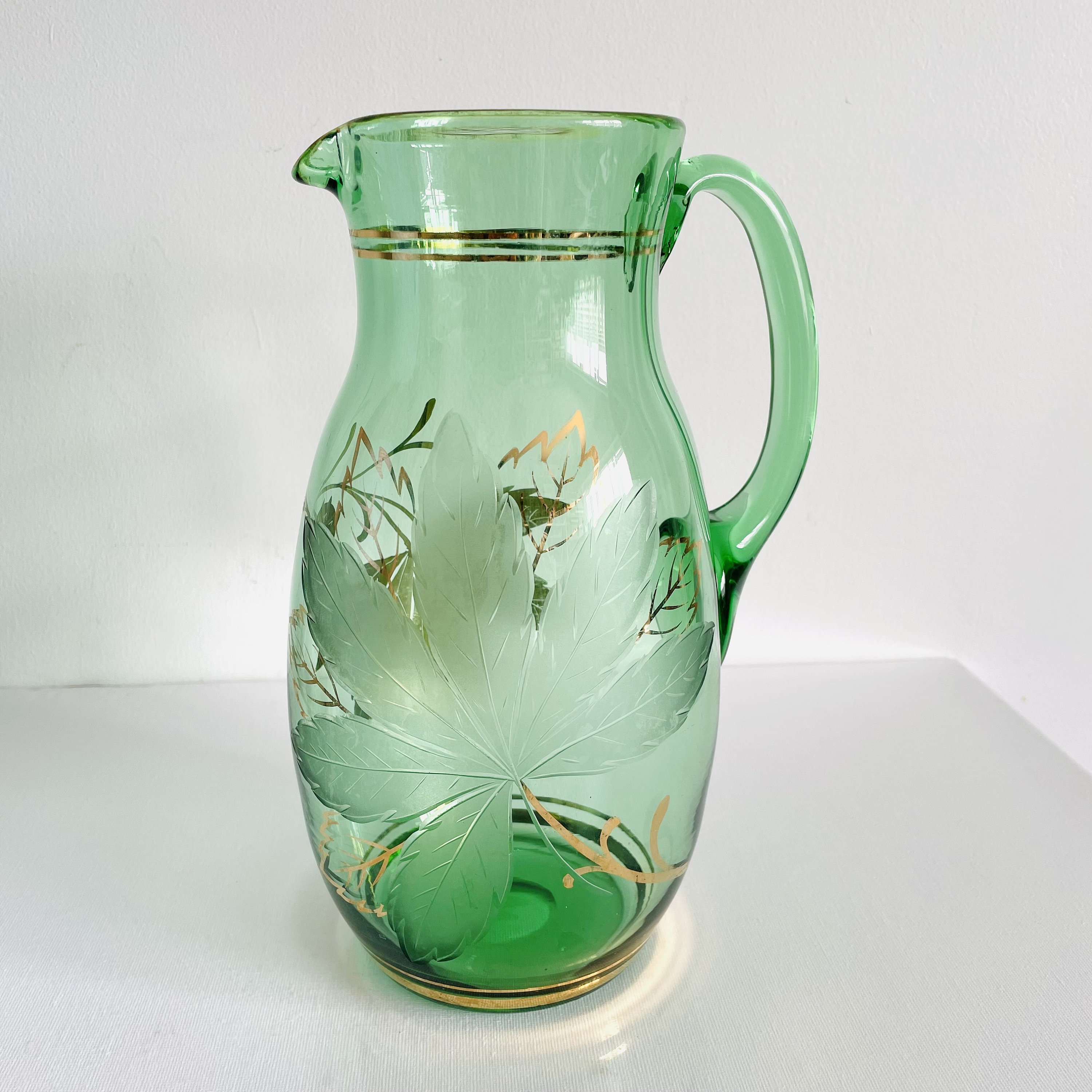 Vintage Green Glass Jug, Etched Glass Cocktails, Juice, Lemonade, Water ...