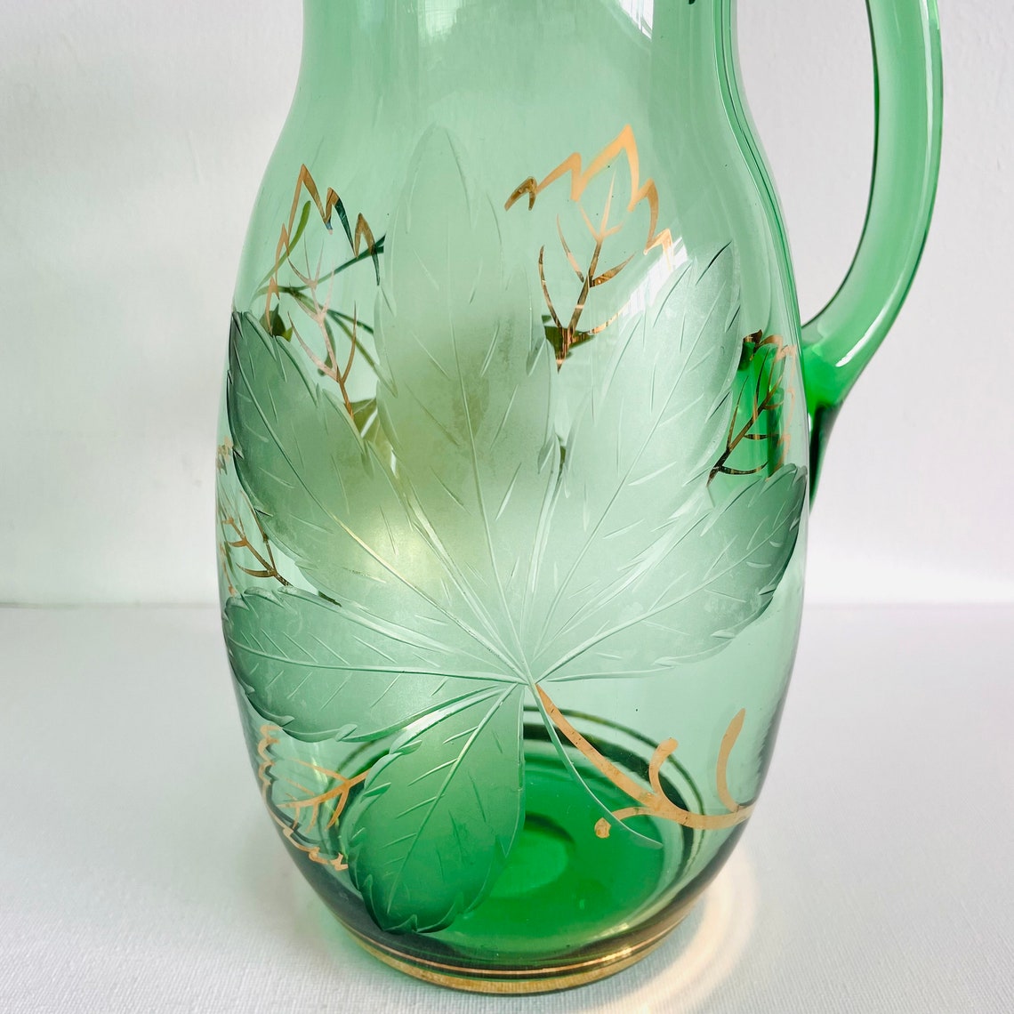 Vintage Green Glass Jug Etched Glass Cocktails Juice - Etsy