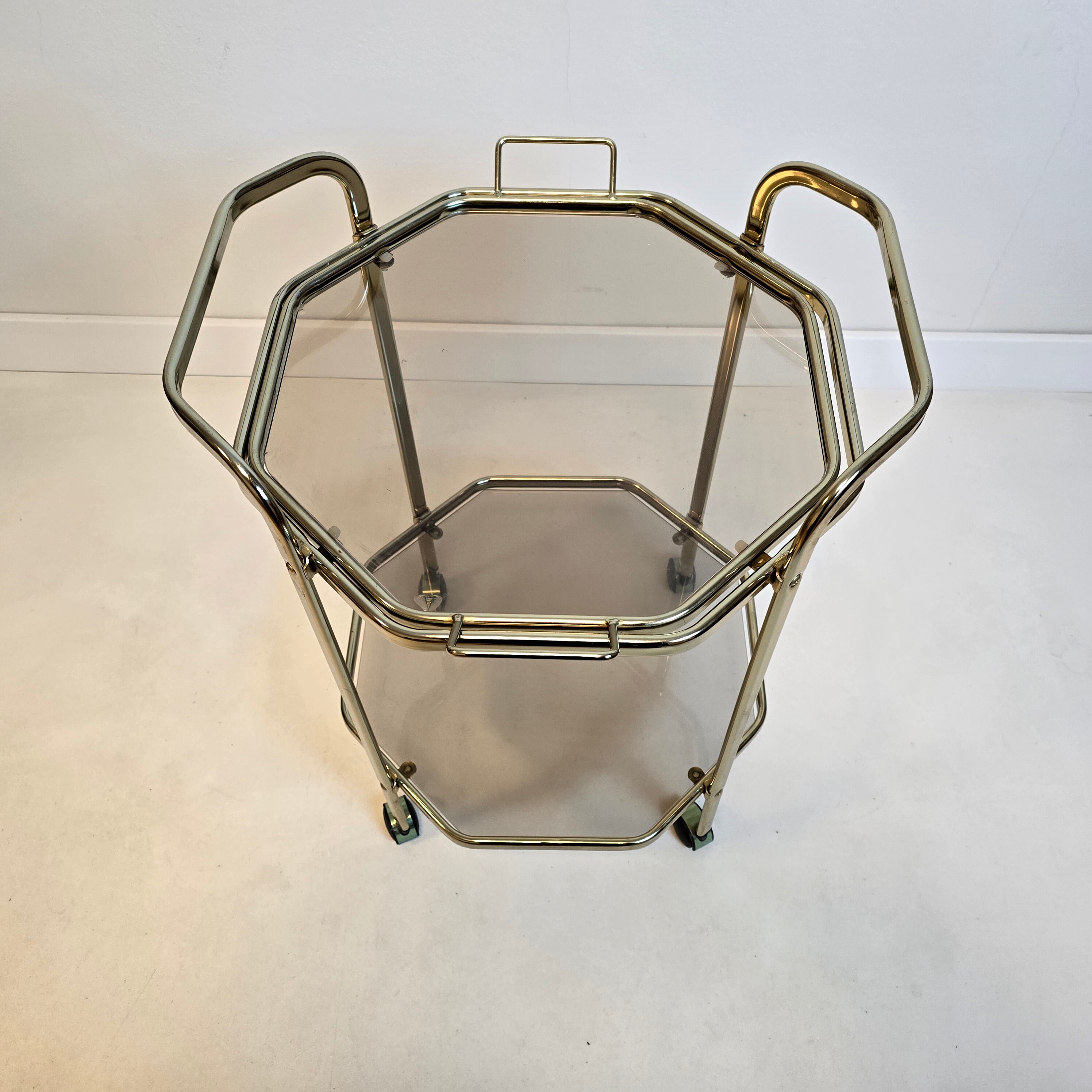 Vintage Brass Trolley Table With Two Octagonal Smoky Glass Including ...