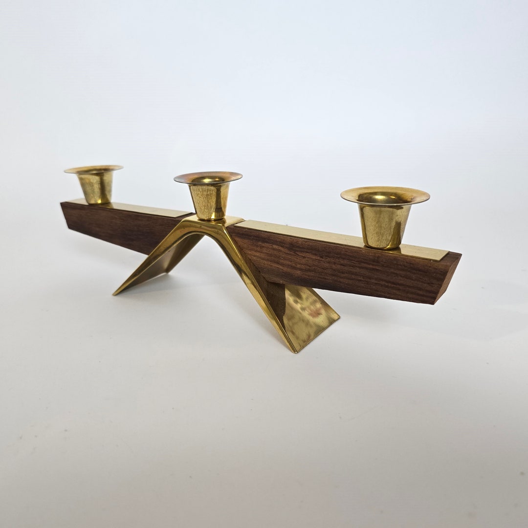 Vintage Mid Century Modern Wooden Brass Candlestick 60s - Etsy