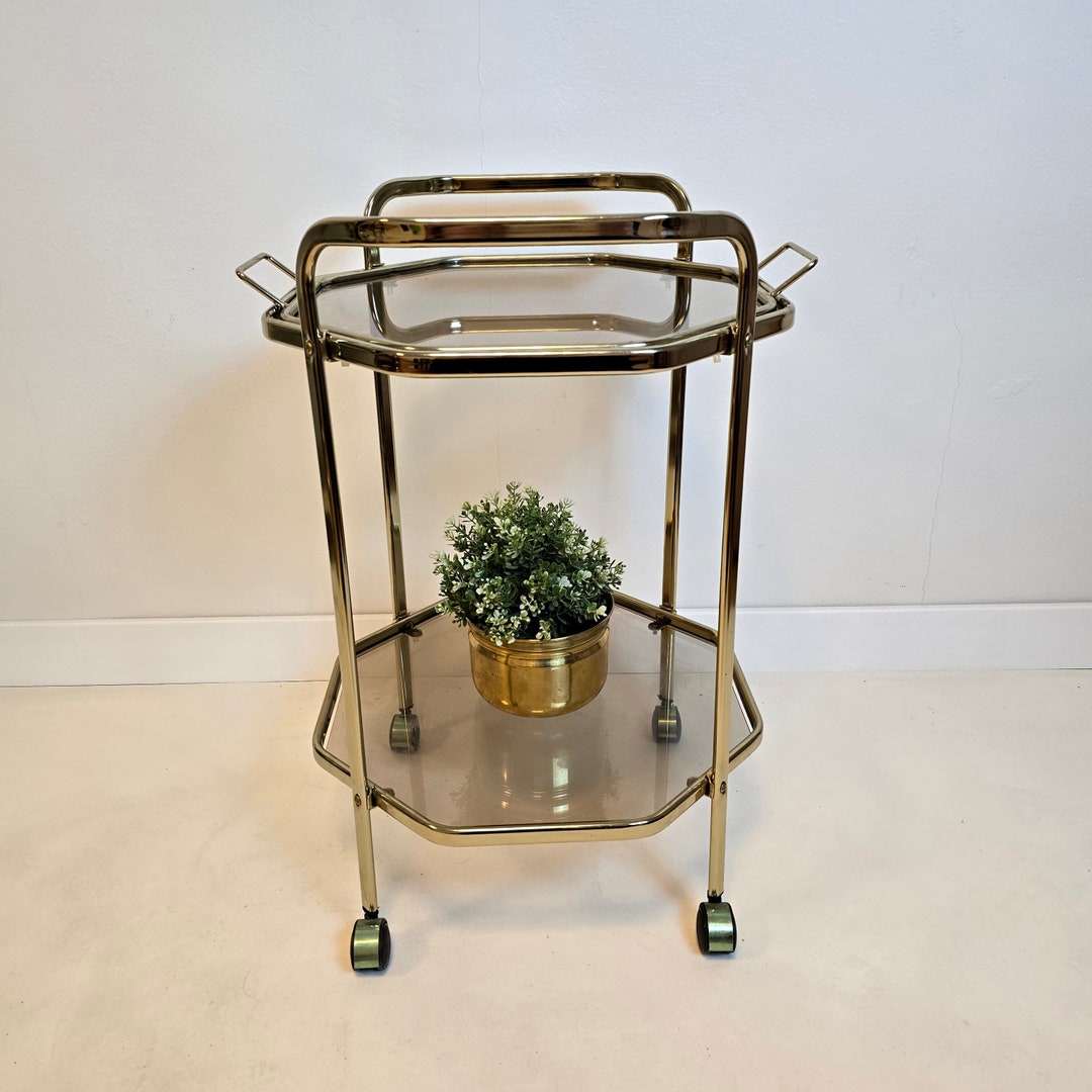 Vintage Brass Trolley Table With Two Octagonal Smoky Glass Including ...