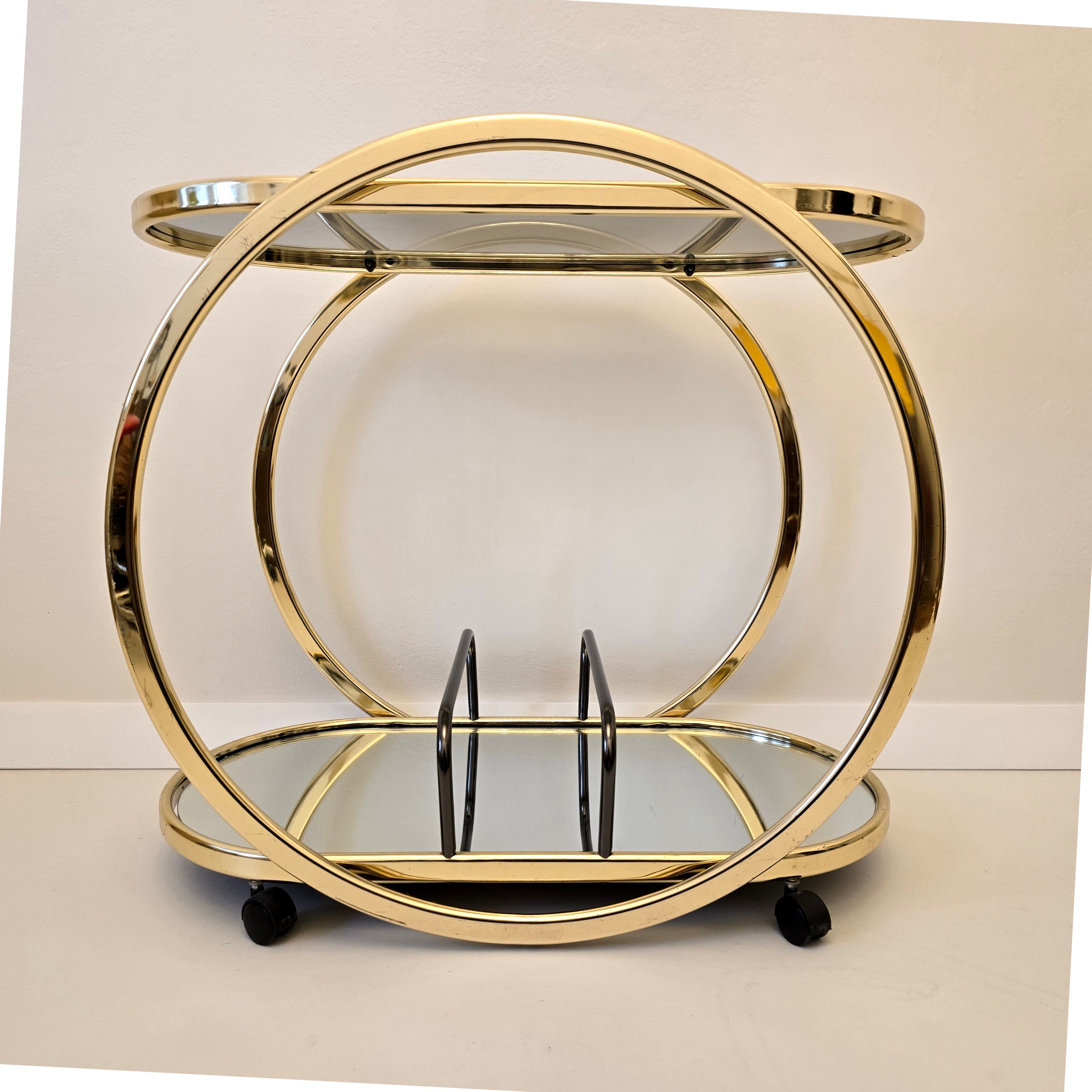 Vintage Hollywood Regency Amazing Big Brass Trolley Bar Cart With ...