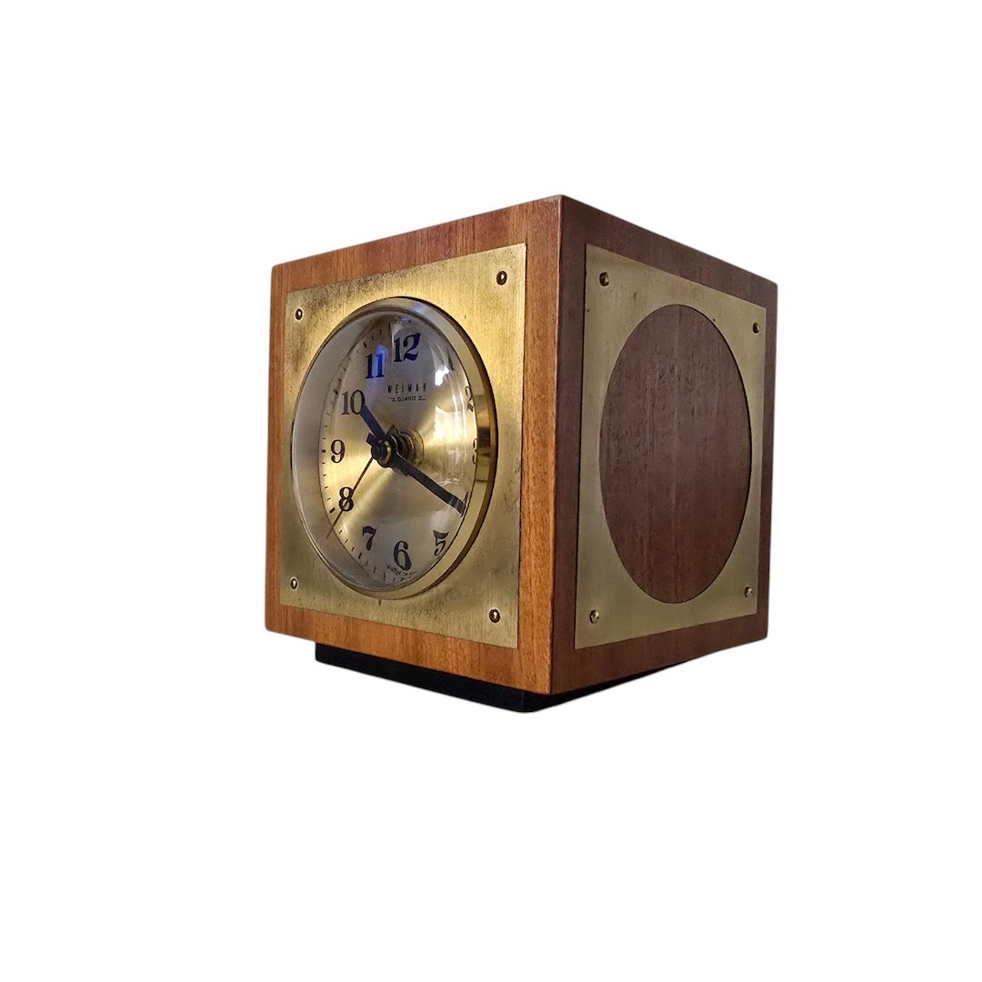 Vintage Mid Century Modern Desk Wood and Brass Cube Clock Weimar Made ...