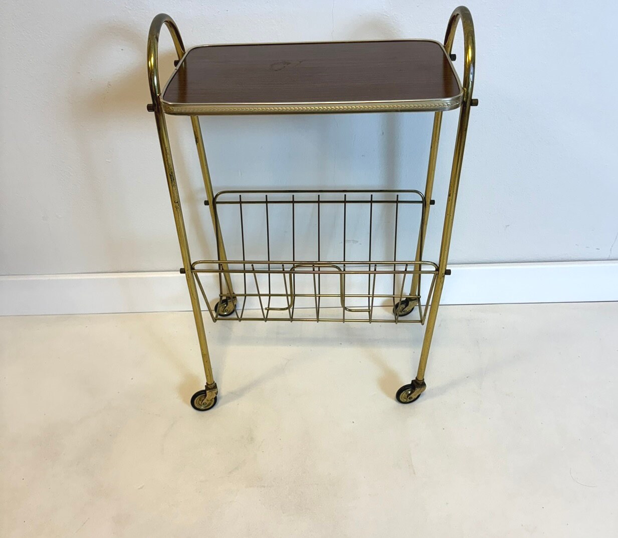 Vintage Mid Century Modern Brass Trolley Magazine Holder Table MCM 60s ...