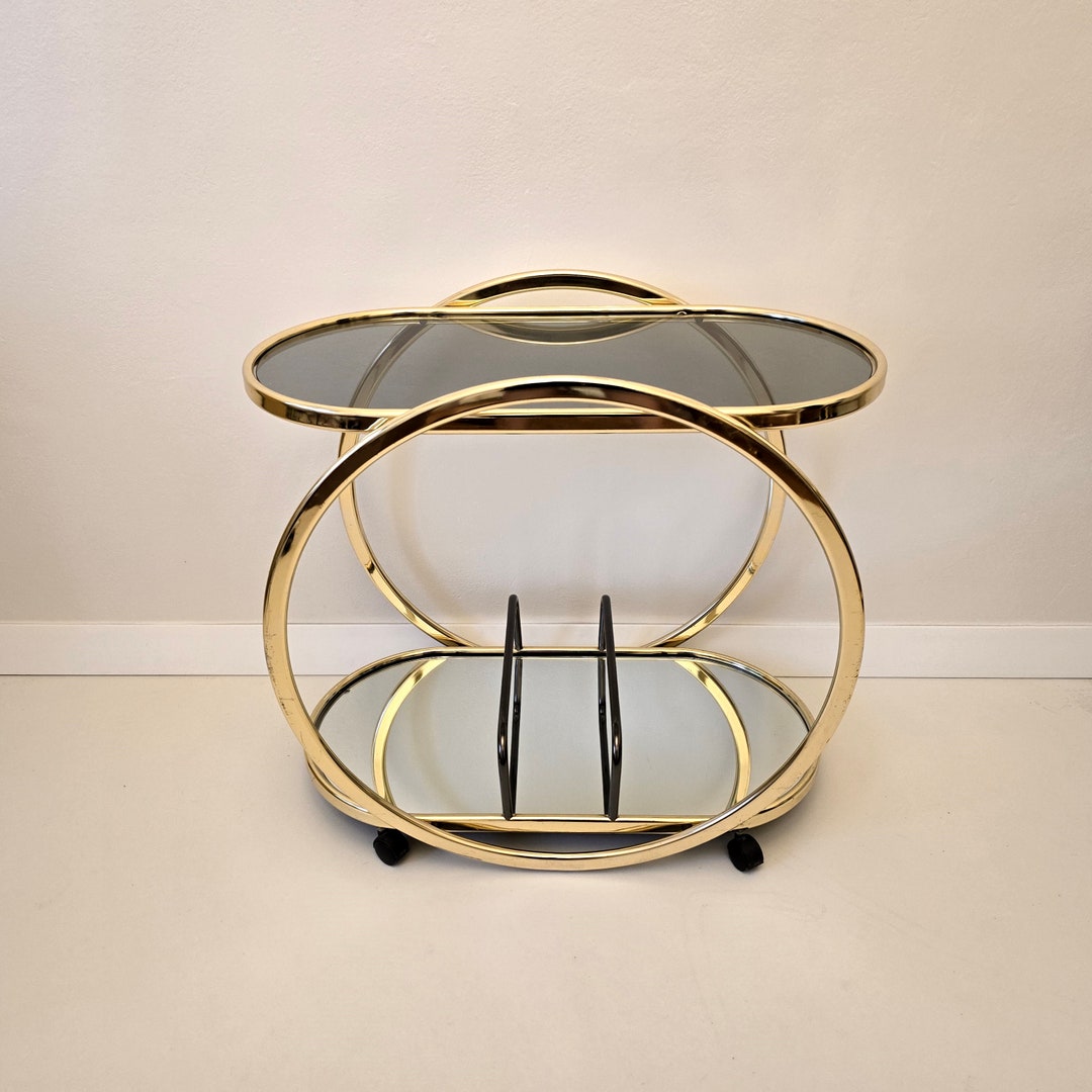 Vintage Hollywood Regency Amazing Big Brass Trolley Bar Cart With ...