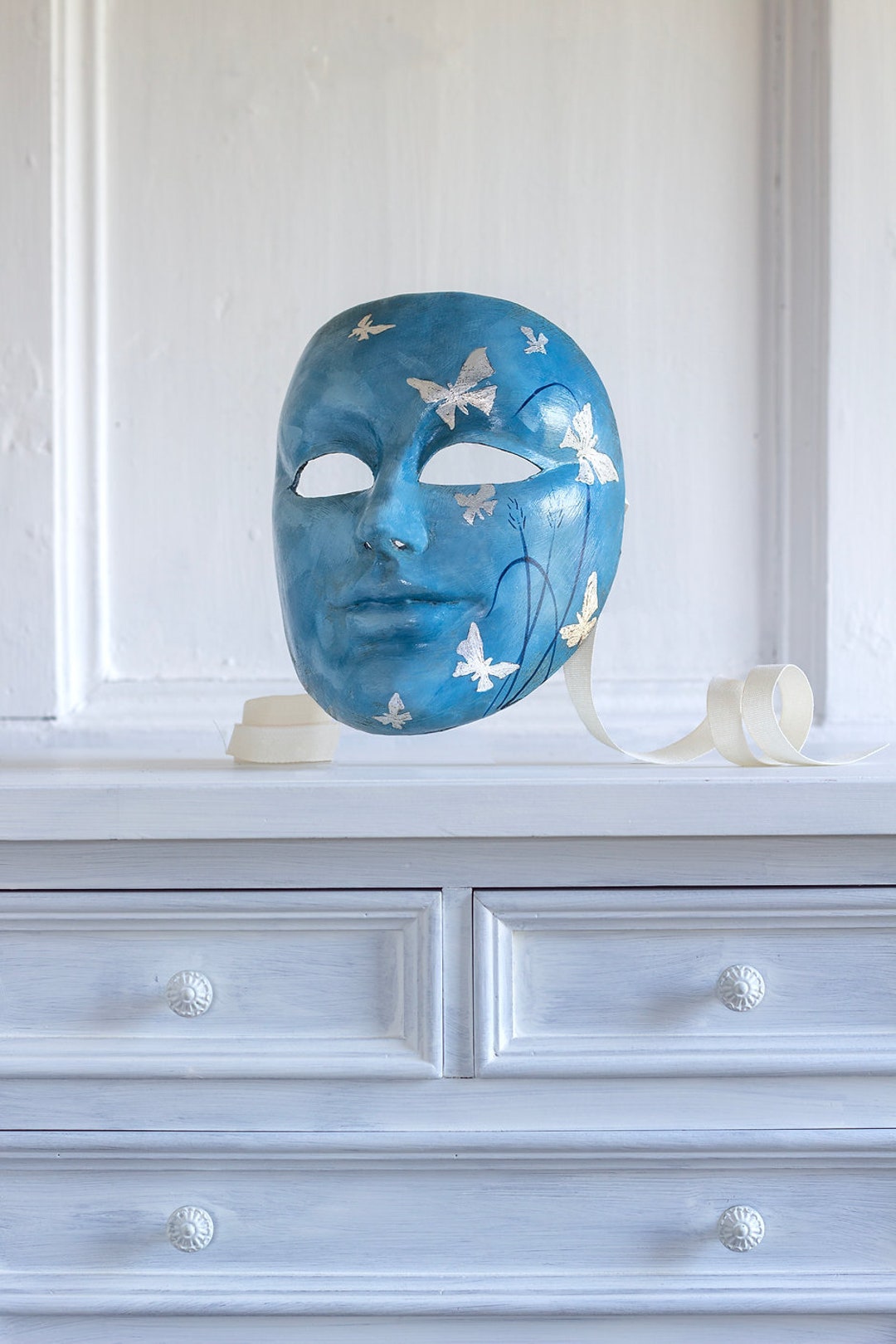 Icarus Mask. Face With Silver Leaf Butterflies. Venetian Paper Mache ...