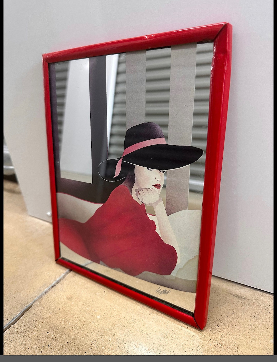 Carlos Rios Chapeau Painting 1980s Printed Mirror Red Woman in Hat ...