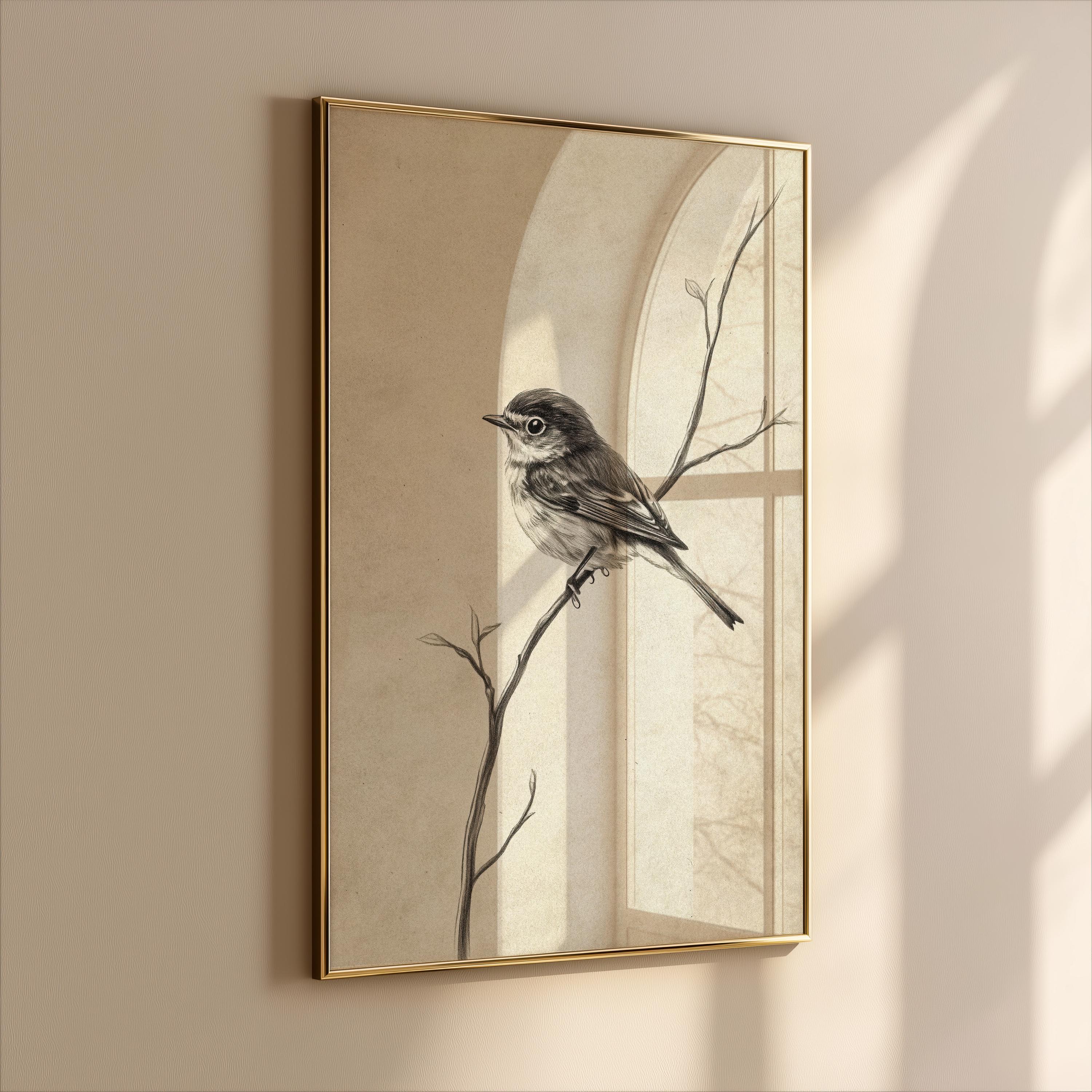 Vintage Bird Sketch Print: Minimalist Spring Line Drawing, Rustic ...