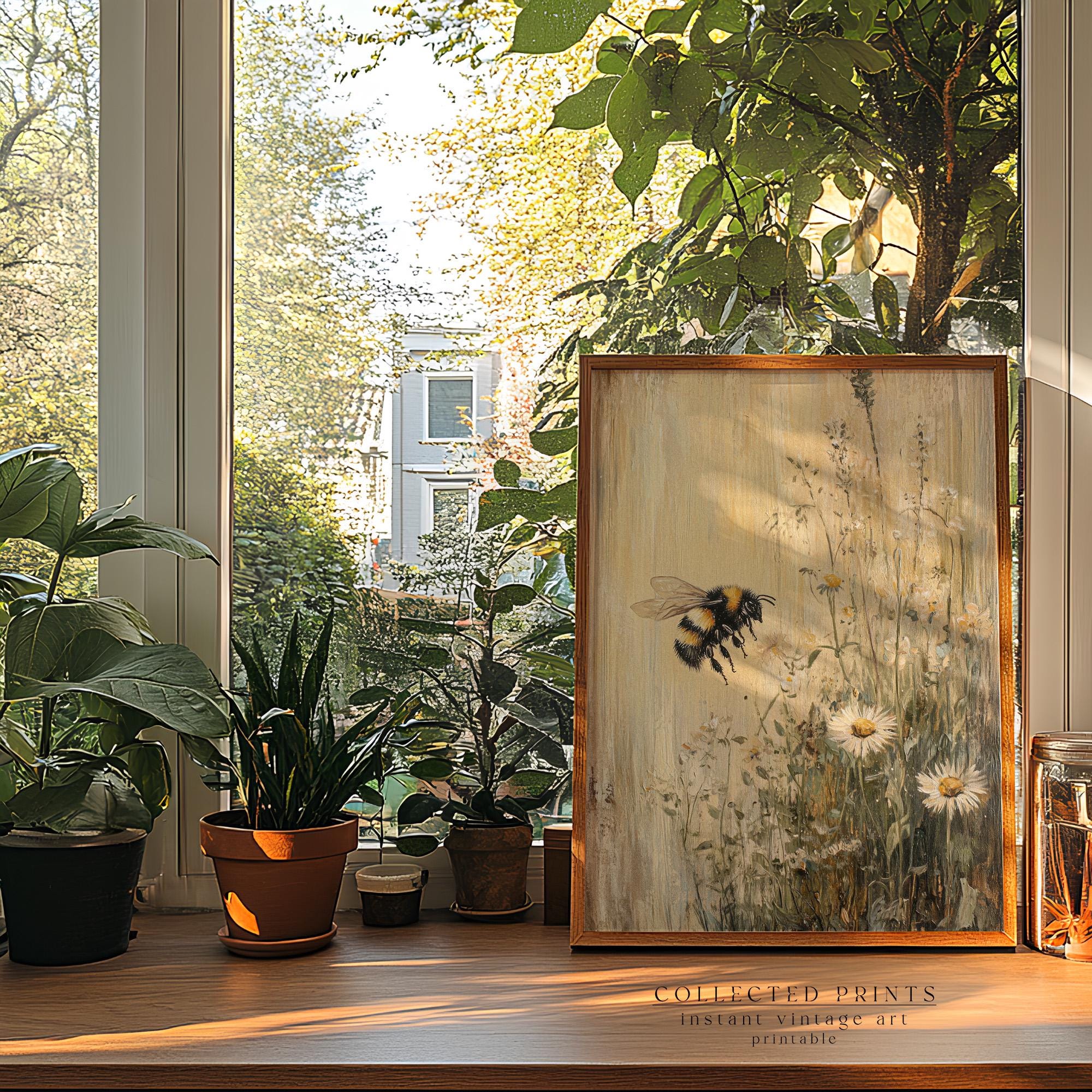 Vintage Bumblebee Print: Cottagecore Floral Wall Art, Rustic Botanical ...