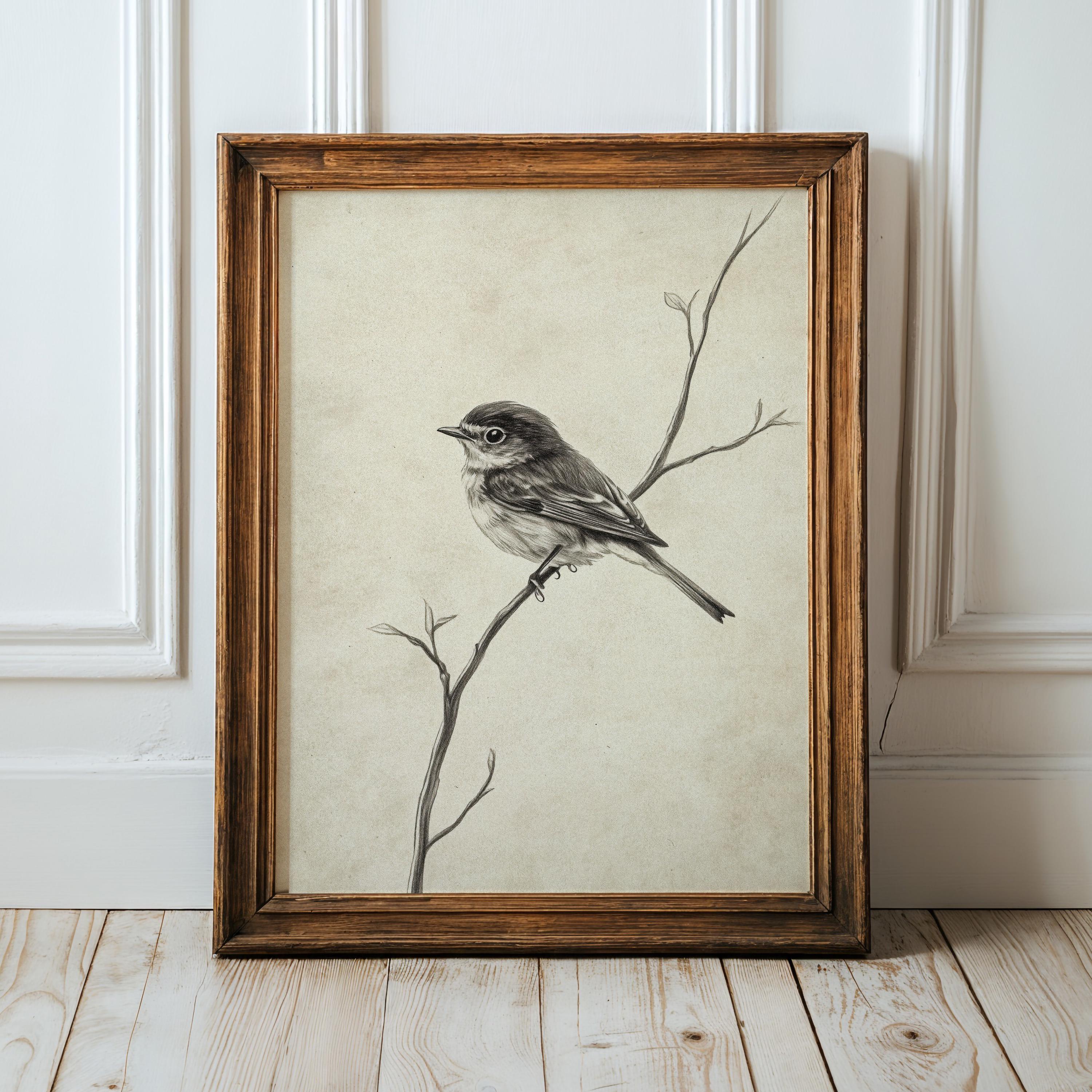 Vintage Bird Sketch Print: Minimalist Spring Line Drawing, Rustic ...