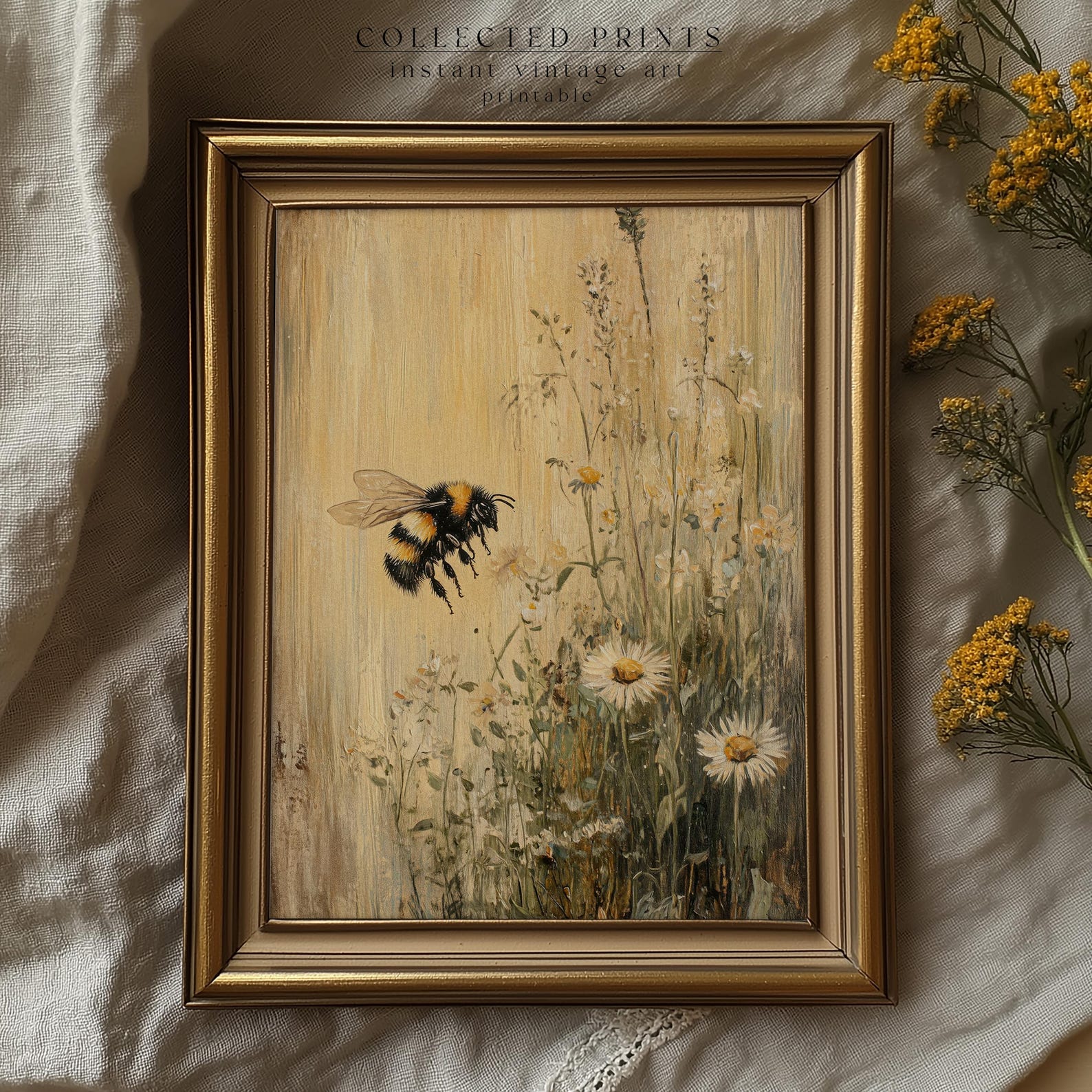 Vintage Bumblebee Print: Cottagecore Floral Wall Art, Rustic Botanical ...