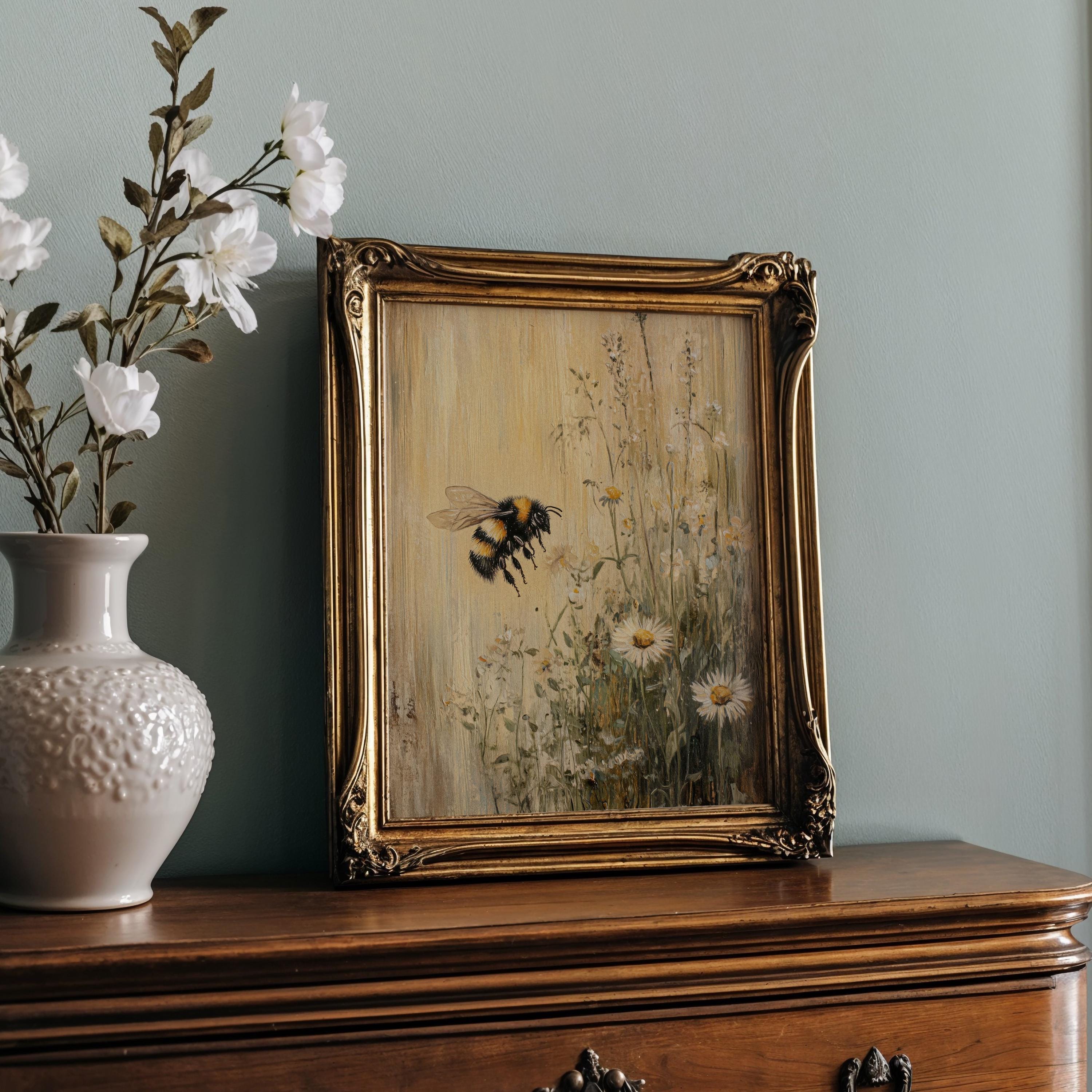 Vintage Bumblebee Print: Cottagecore Floral Wall Art, Rustic Botanical ...