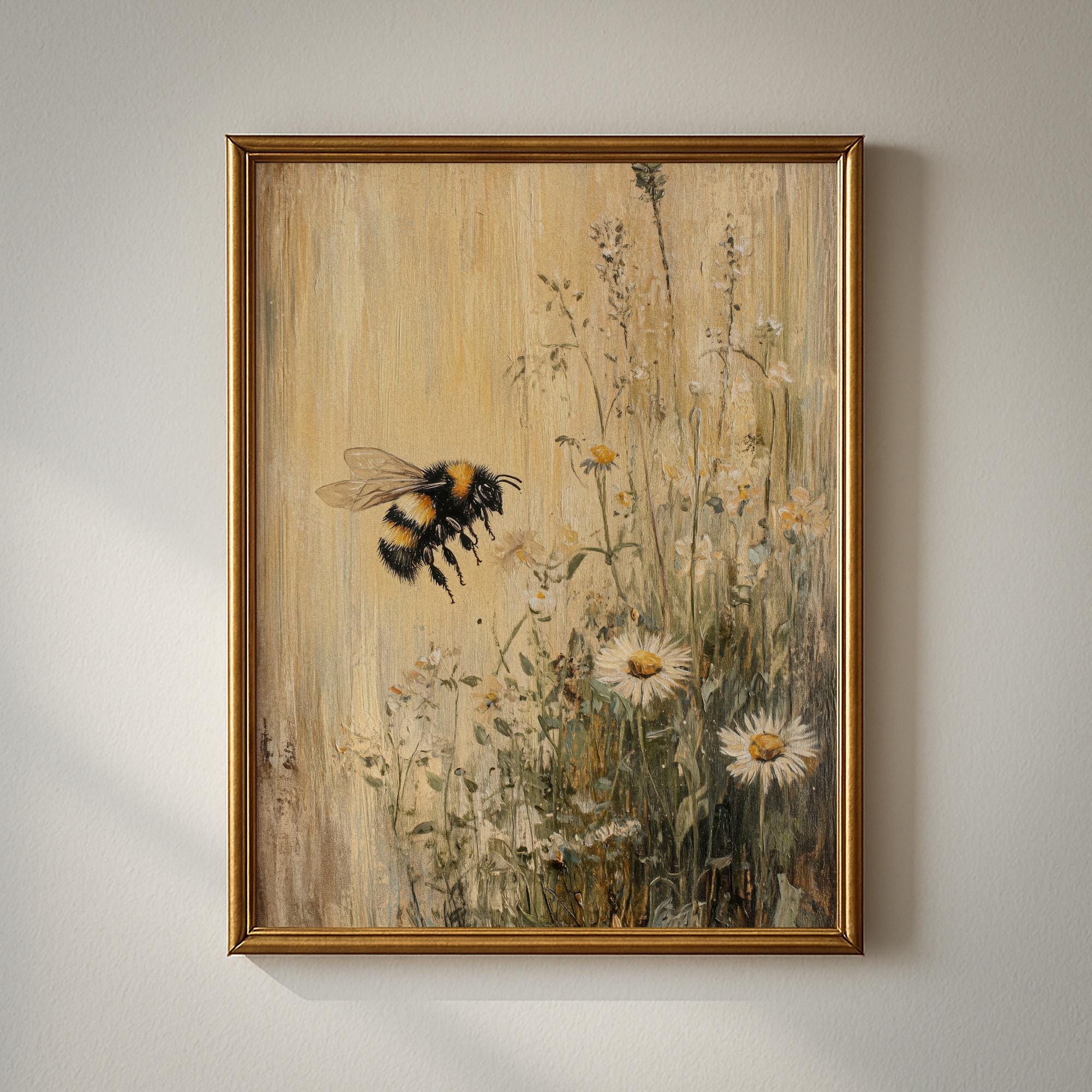 Vintage Bumblebee Print: Cottagecore Floral Wall Art, Rustic Botanical ...