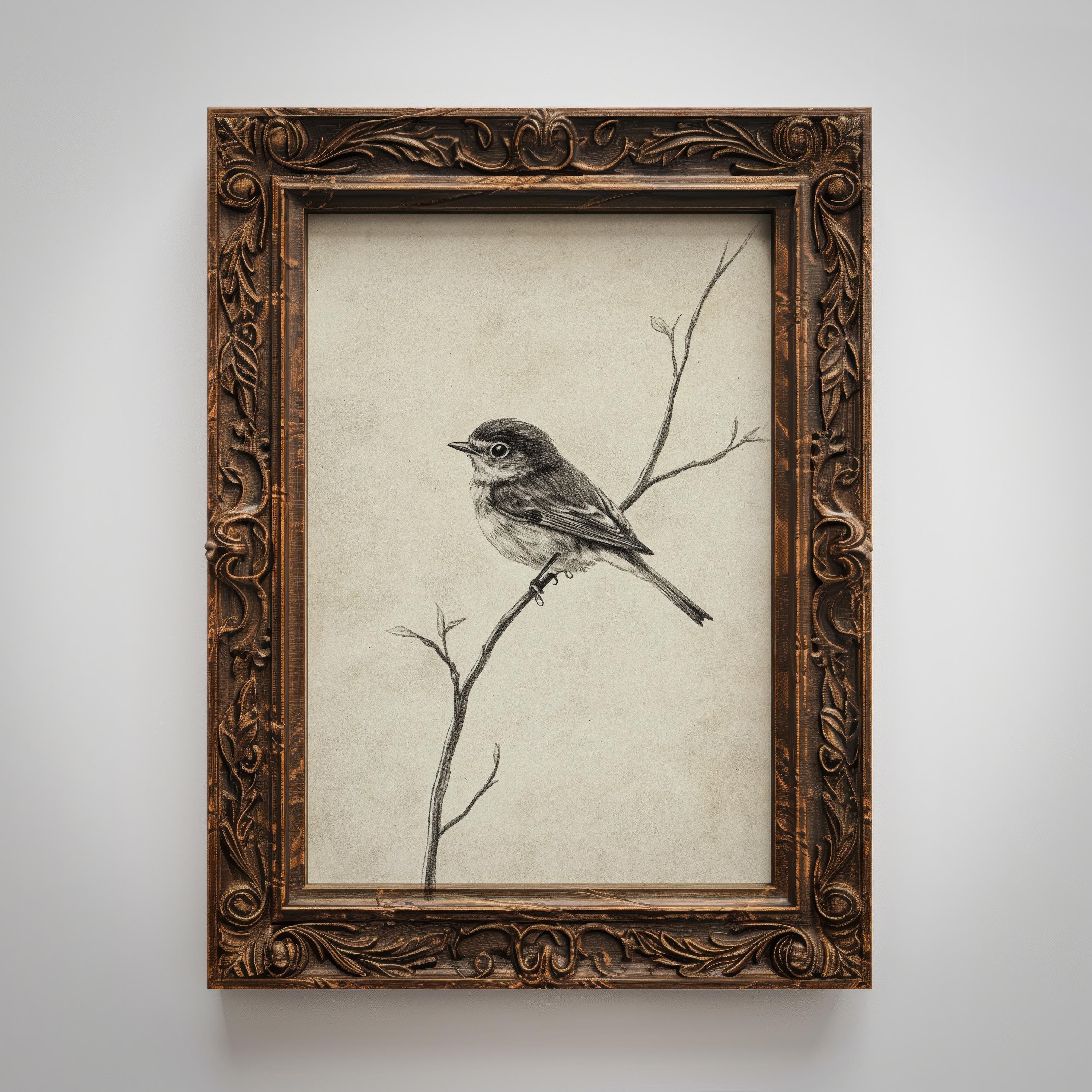 Vintage Bird Sketch Print: Minimalist Spring Line Drawing, Rustic ...