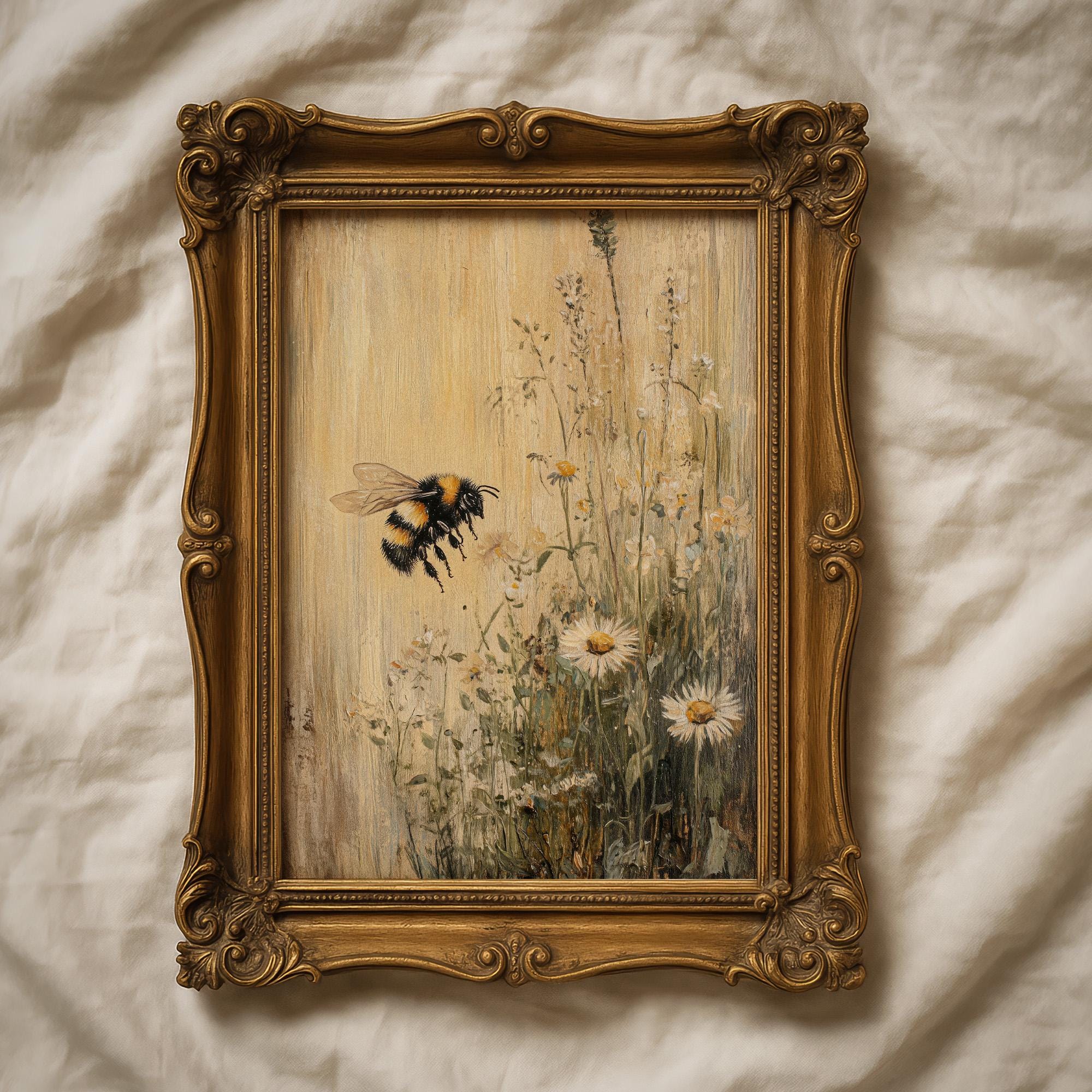 Vintage Bumblebee Print: Cottagecore Floral Wall Art, Rustic Botanical ...