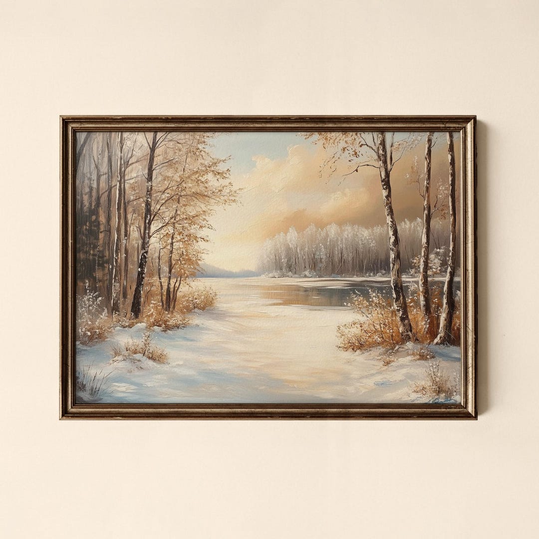 Lámina vintage de bosque invernal, decoración de sala, arte mural ...
