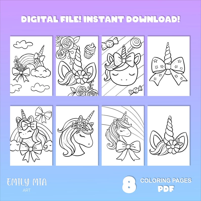 8 Unicorn Digital Coloring Pages | PDF PNG Coloring Book | Instant ...