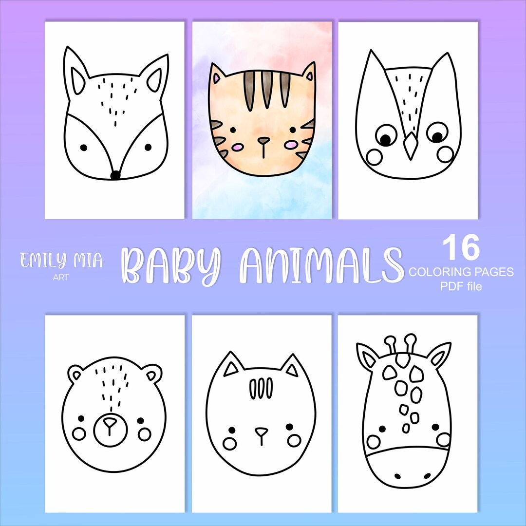 16 Baby Animals Faces Digital Coloring Pages | PDF PNG Coloring Book ...