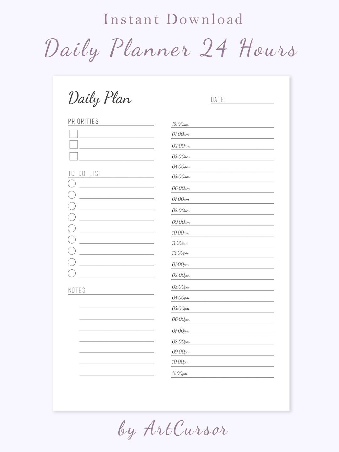 Daily Planner Printable, 24 Hour Planner, Daily to Do List, Work ...