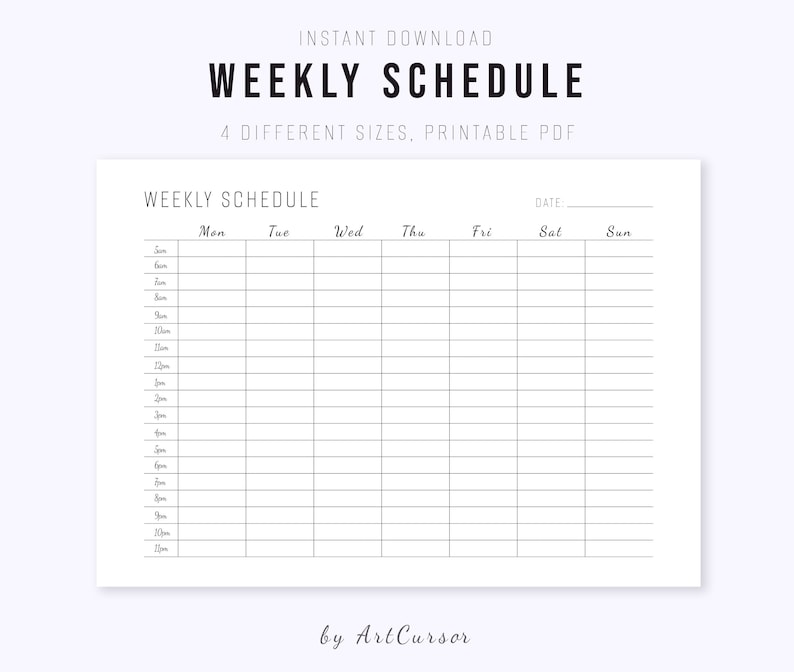 Weekly Schedule, Weekly Planner Printable A5/A4/A3/US Letter, Weekly ...