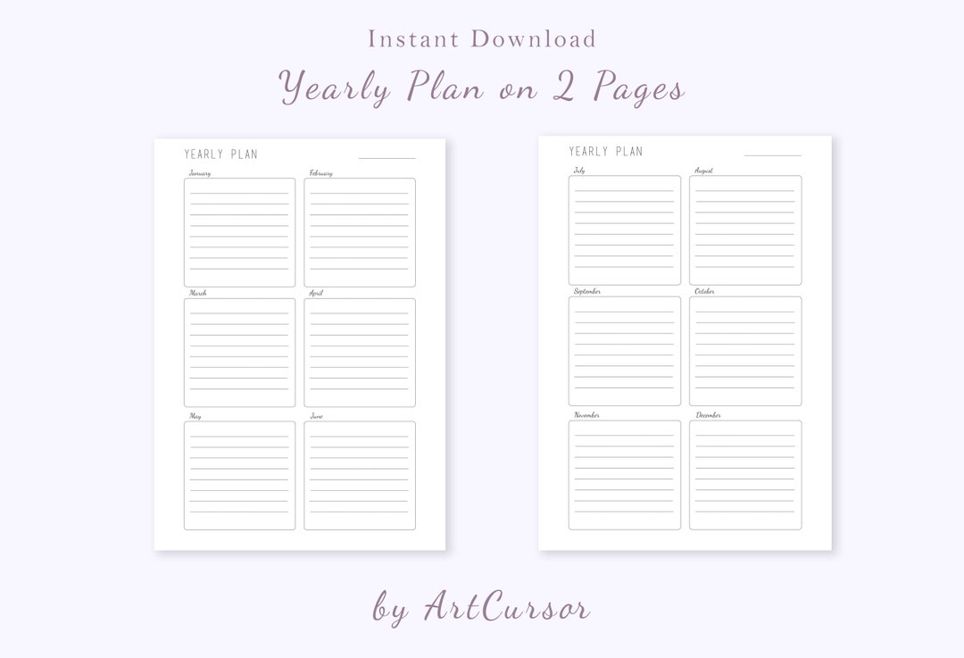 Yearly Planner Printable on Two Pages, 12 Month Annual Planner ...