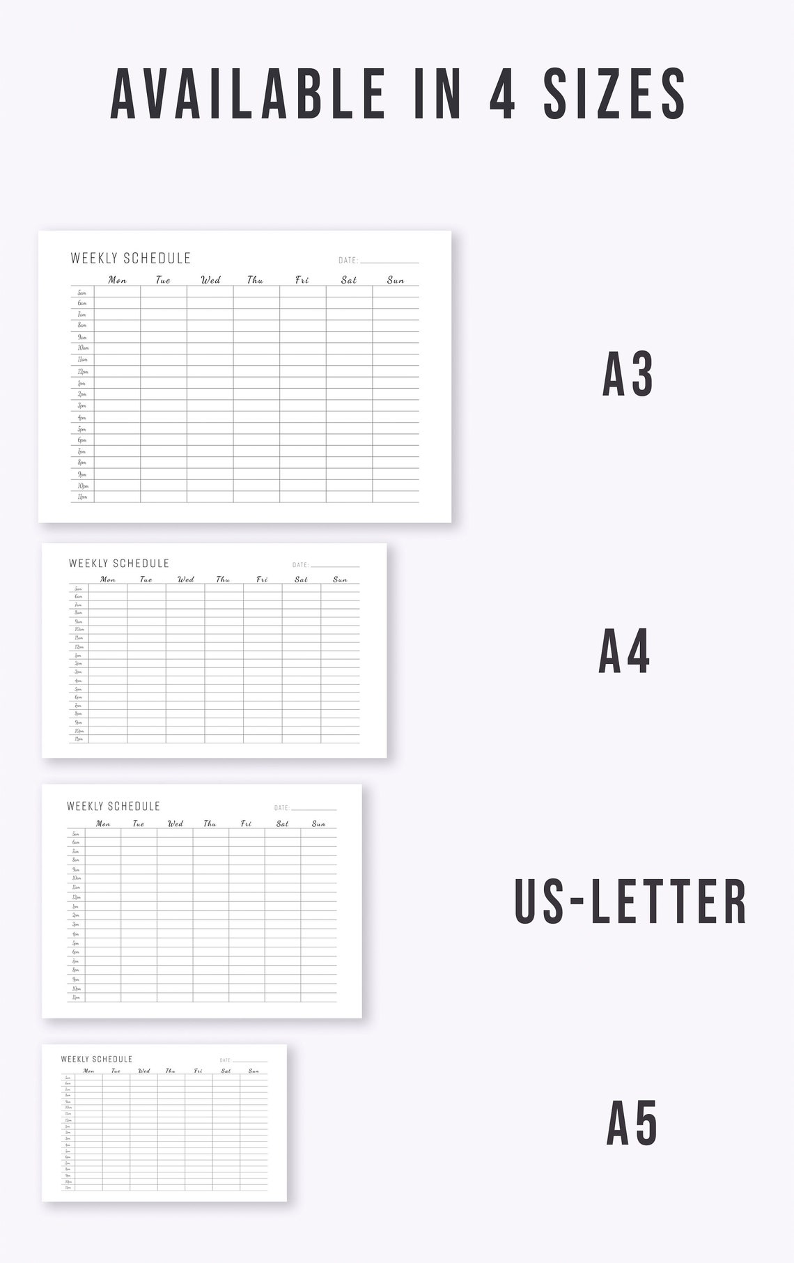 Weekly Schedule, Weekly Planner Printable A5/A4/A3/US Letter, Weekly ...