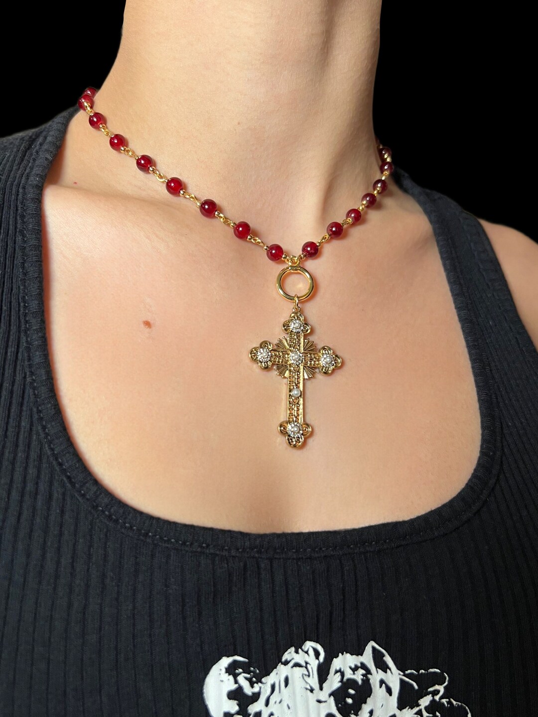 Ruby Rosary: Gold Beaded Rosary Inspired Necklace With Gold Cross Pendant - Etsy