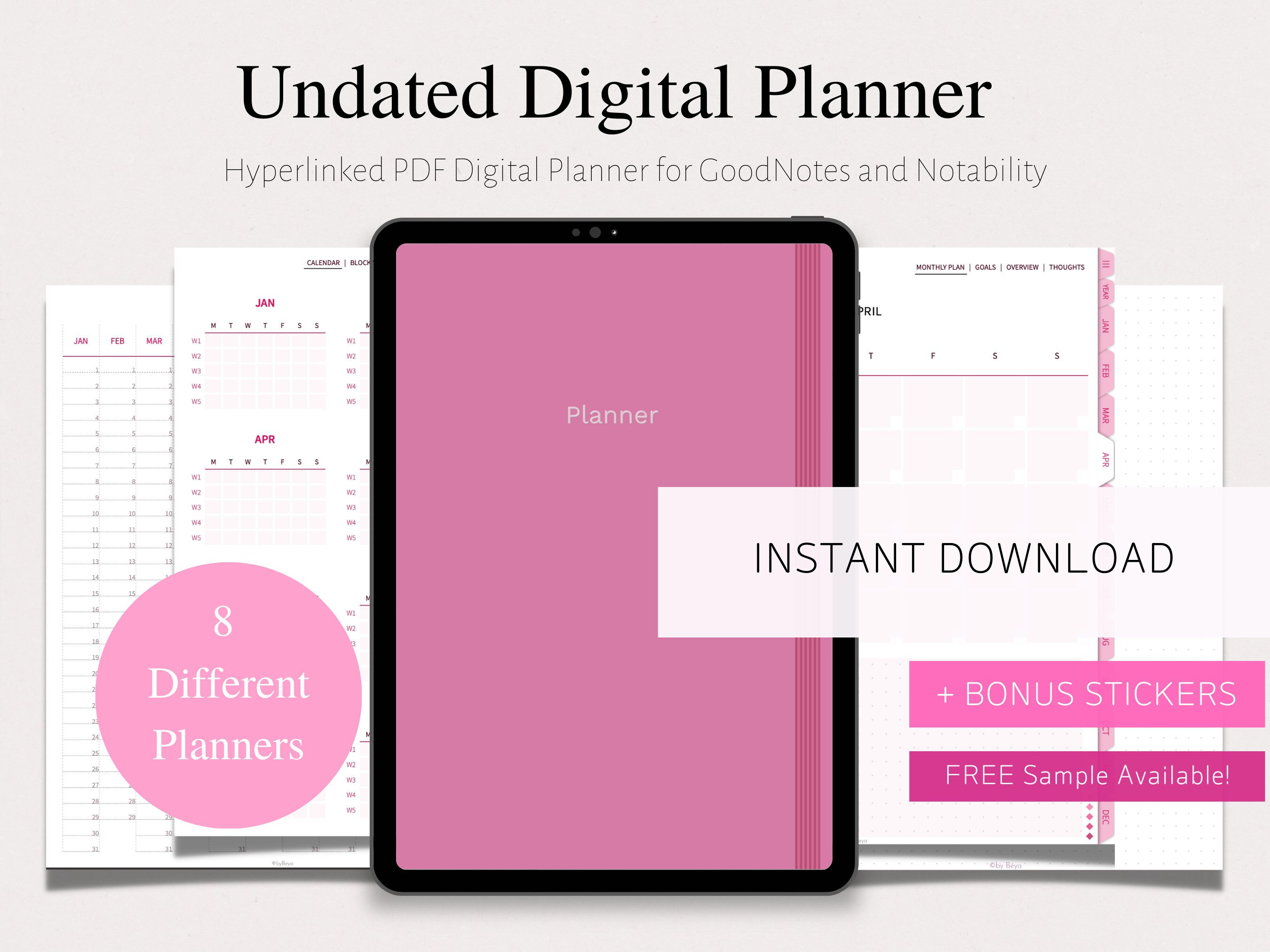 Undated Digital Planner, iPad Planner, Hyperlinked PDF, Bonus Stickers ...