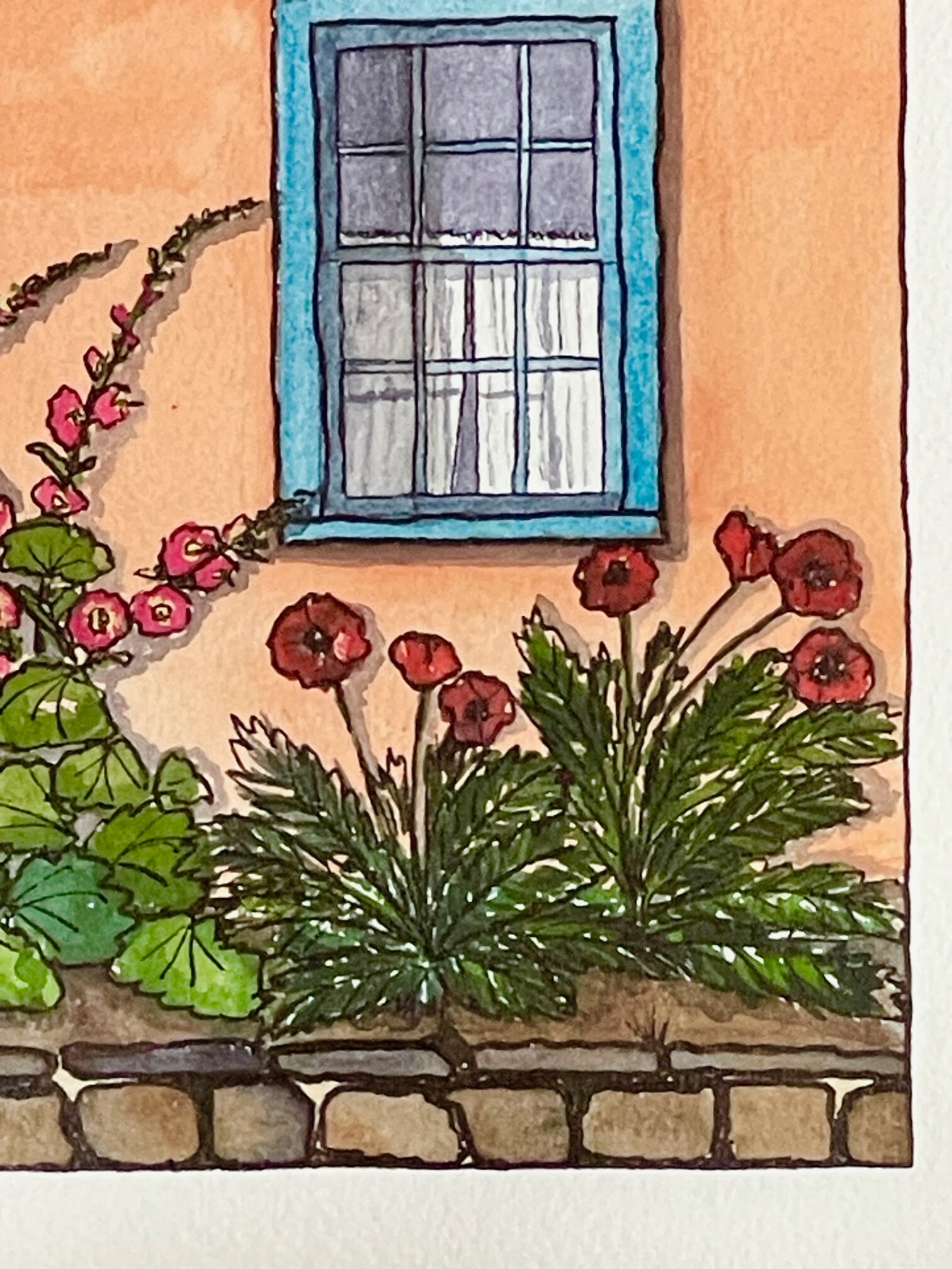Adobe Window With Hollyhocks and Poppies - Etsy