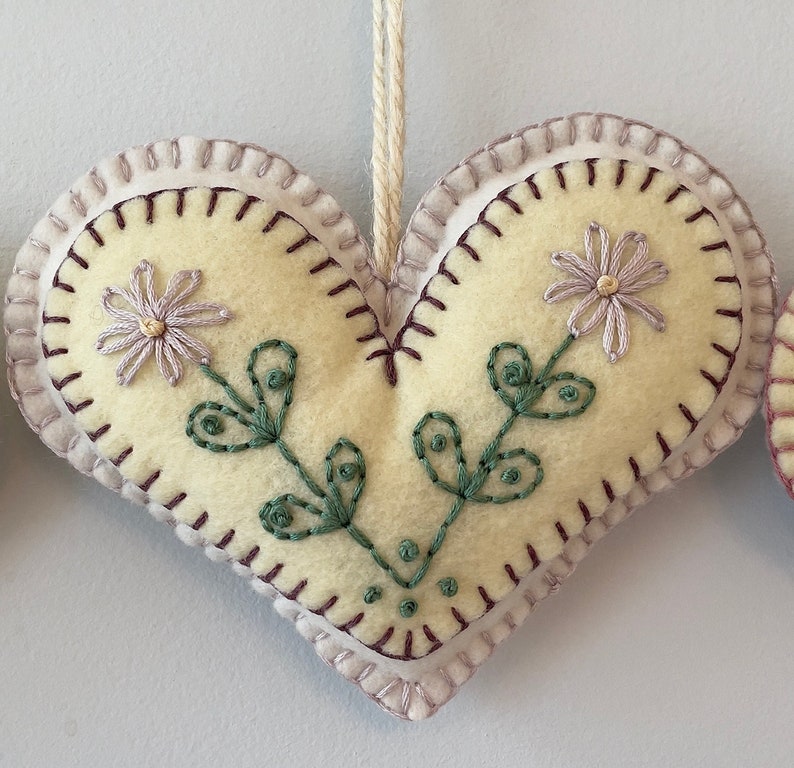 Set of 3 Hand Embroidered Felt Heart Ornaments - Etsy