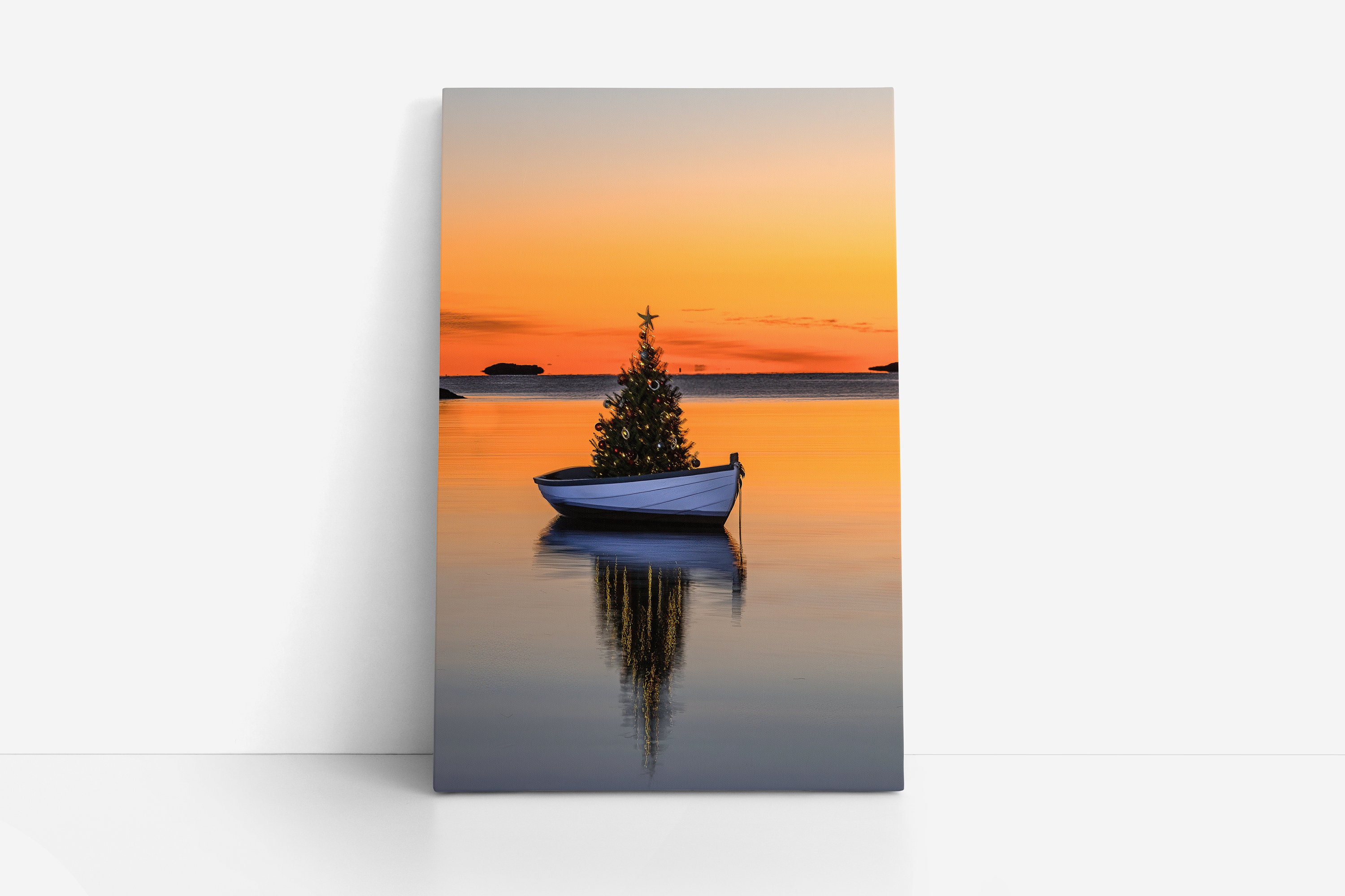 Little Christmas Tree in Boat at Sunrise Reflecting on a Calm Harbor - Etsy