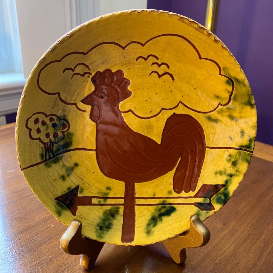 Vintage Red Ware Pottery Plate Rooster 1983 Folk Art Pennsylvania Red ...