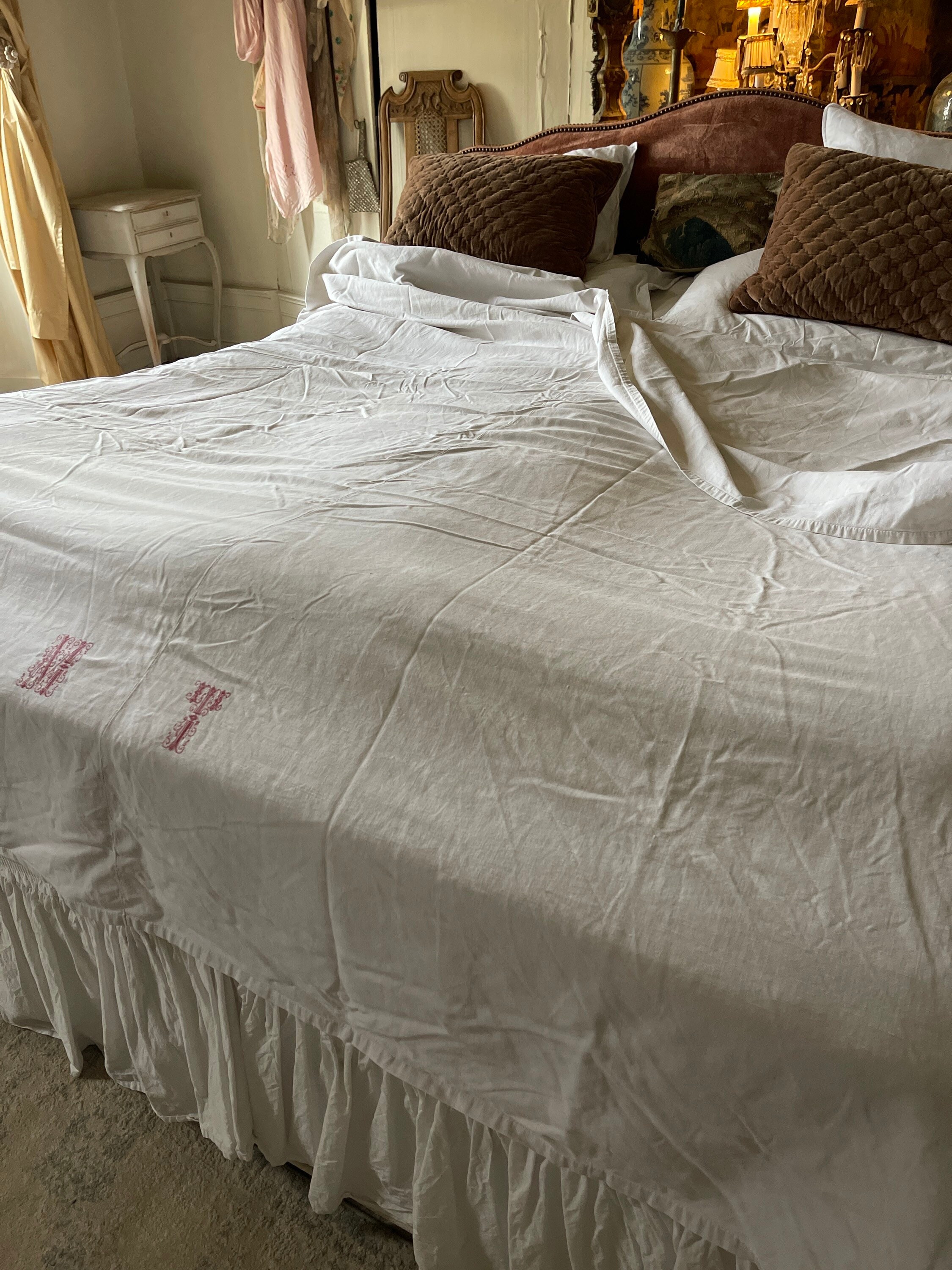 Funda de cama francesa antigua de lino con iniciales MT - Etsy España