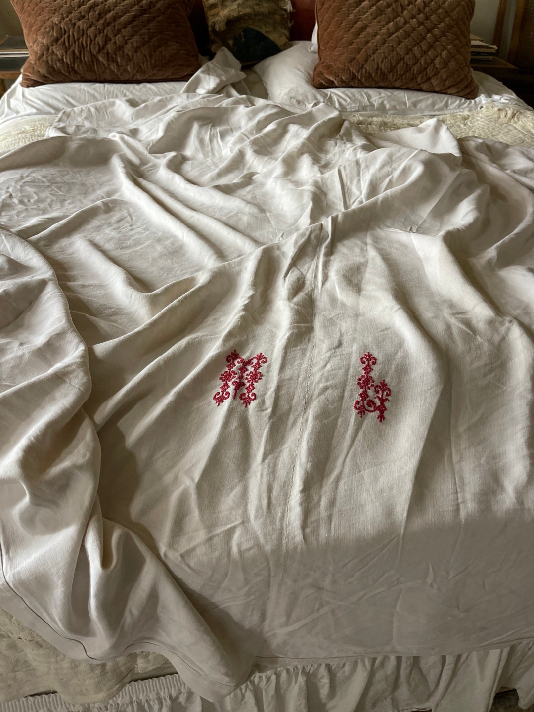 Cubrecama lino francés antiguo iniciales ML - Etsy España