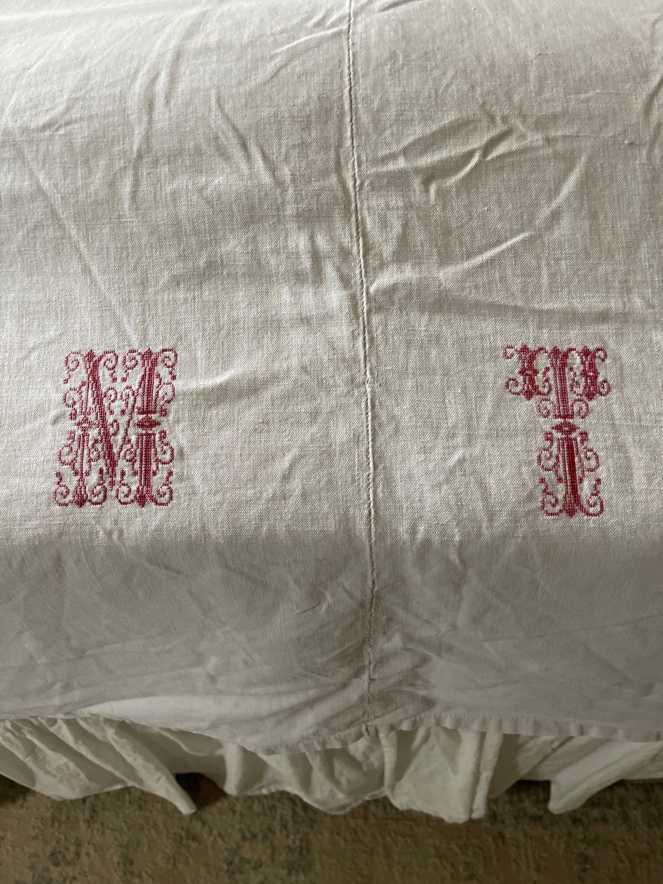 Funda de cama francesa antigua de lino con iniciales MT - Etsy España