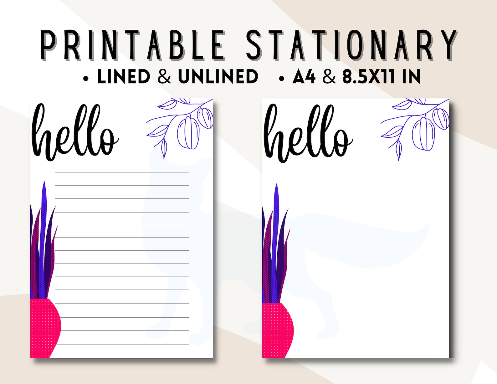Hello Bold Purple and Pink Printable Stationary Lined and - Etsy