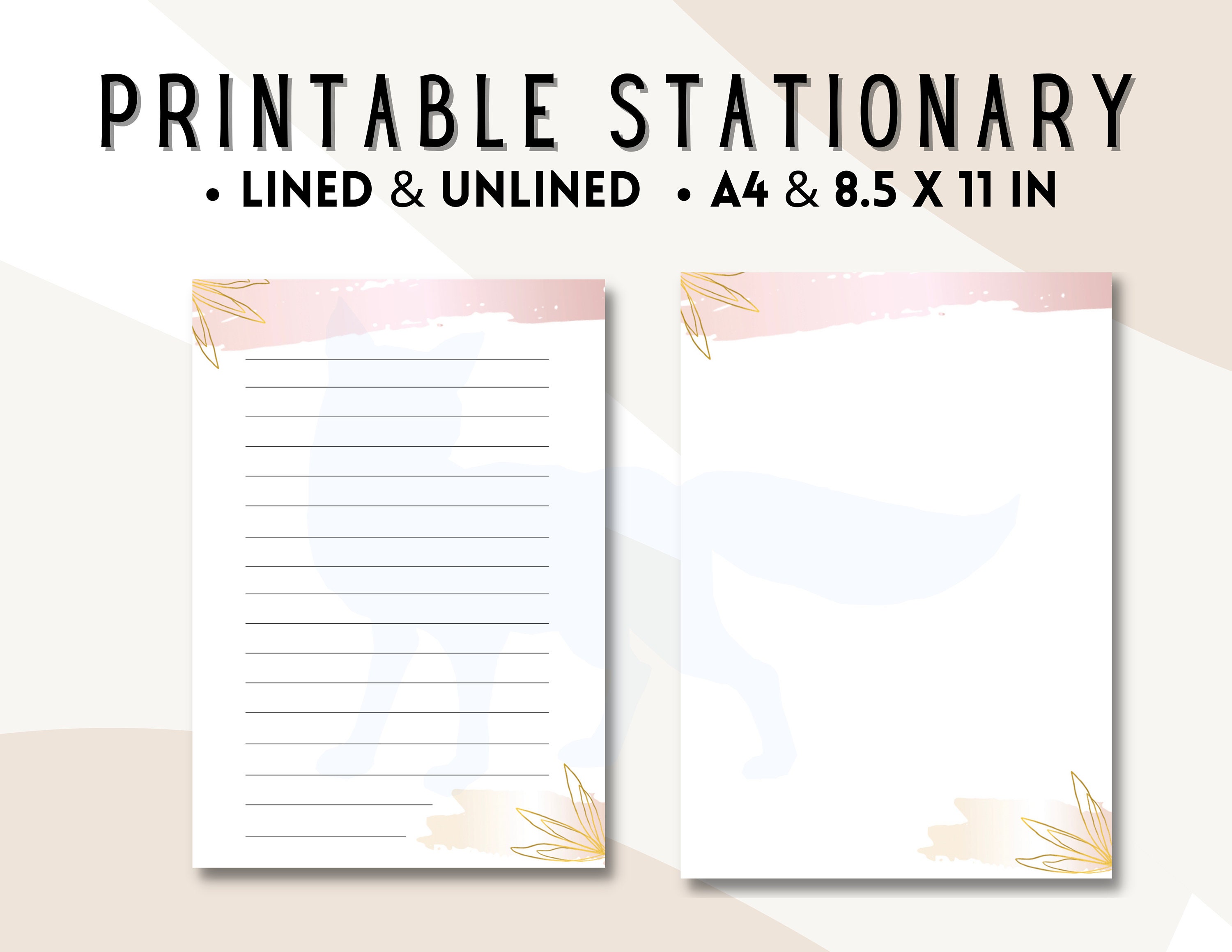 Elegant Blush and Gold Printable Stationary, Blush Lined and Unlined ...
