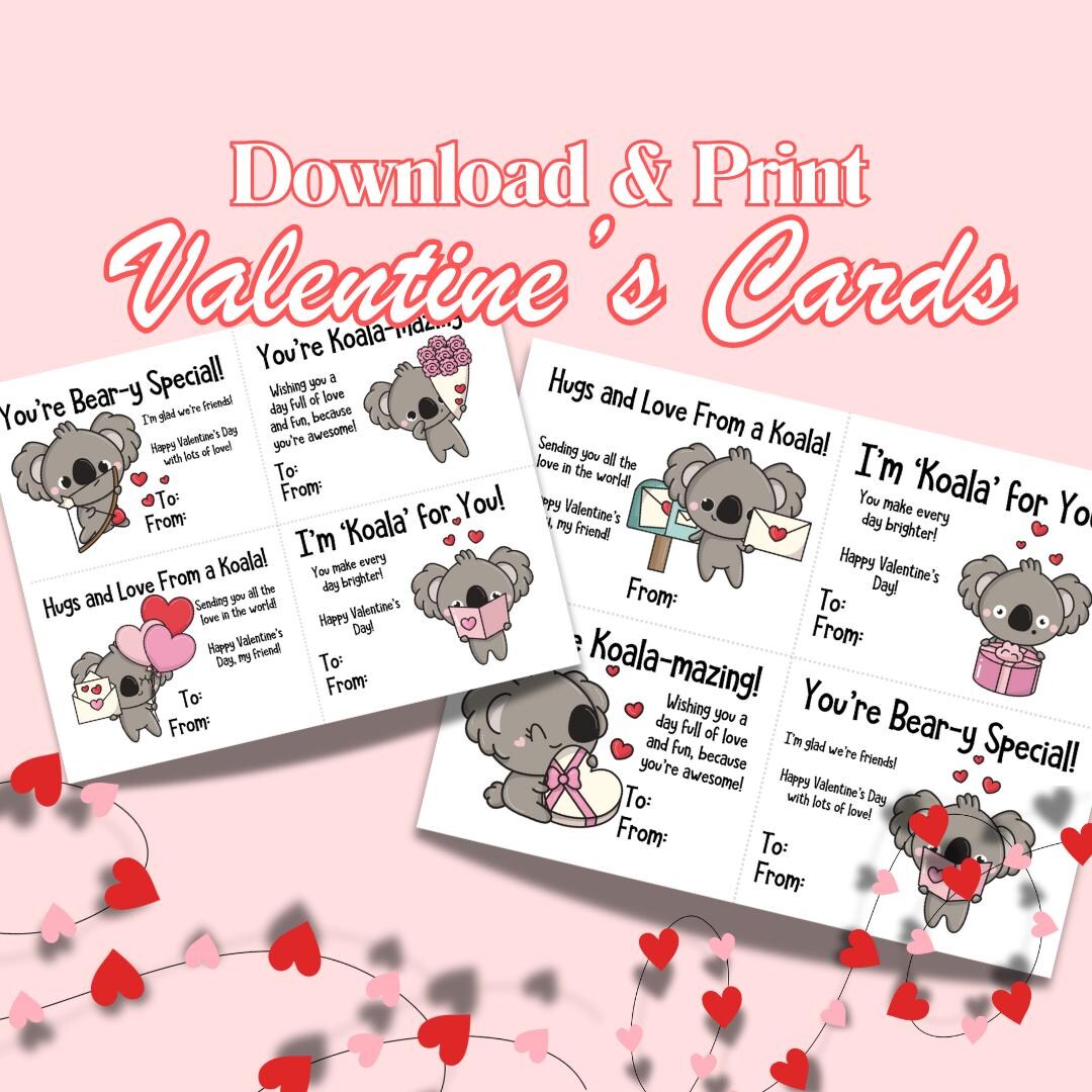 Koala Bear Valentine's Cards - Instant Download & Print - Etsy