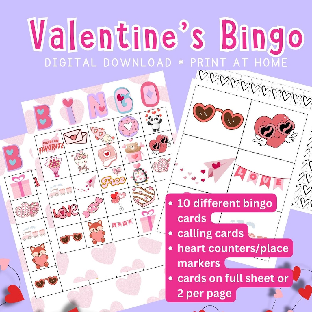 Valentine's Bingo Game - 10 Unique Cards - Kids Classroom Party Game ...