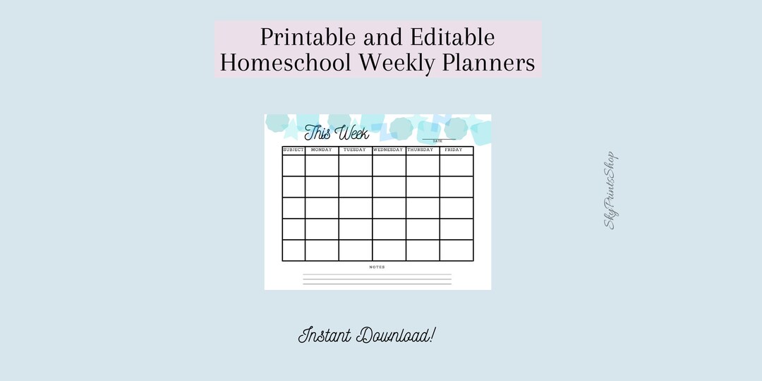 Homeschool Weekly Planner, Printable and Editable, Blue&green Shape ...