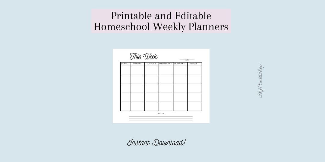 Homeschool Weekly Planner, Printable and Editable, Black&white ...