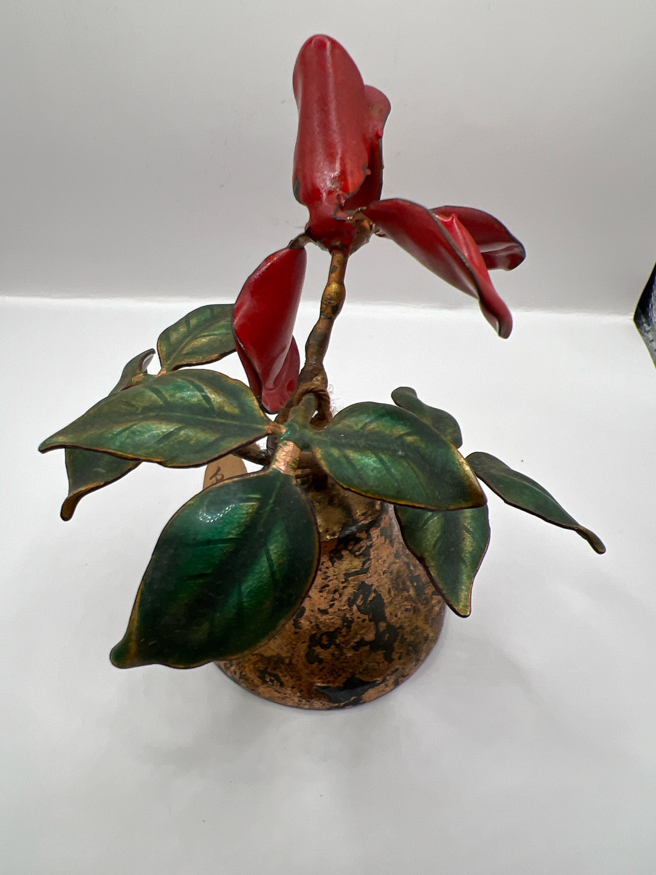 Bovano of Cheshire Enamel on Copper Bell Red Flower With Green Leaves ...