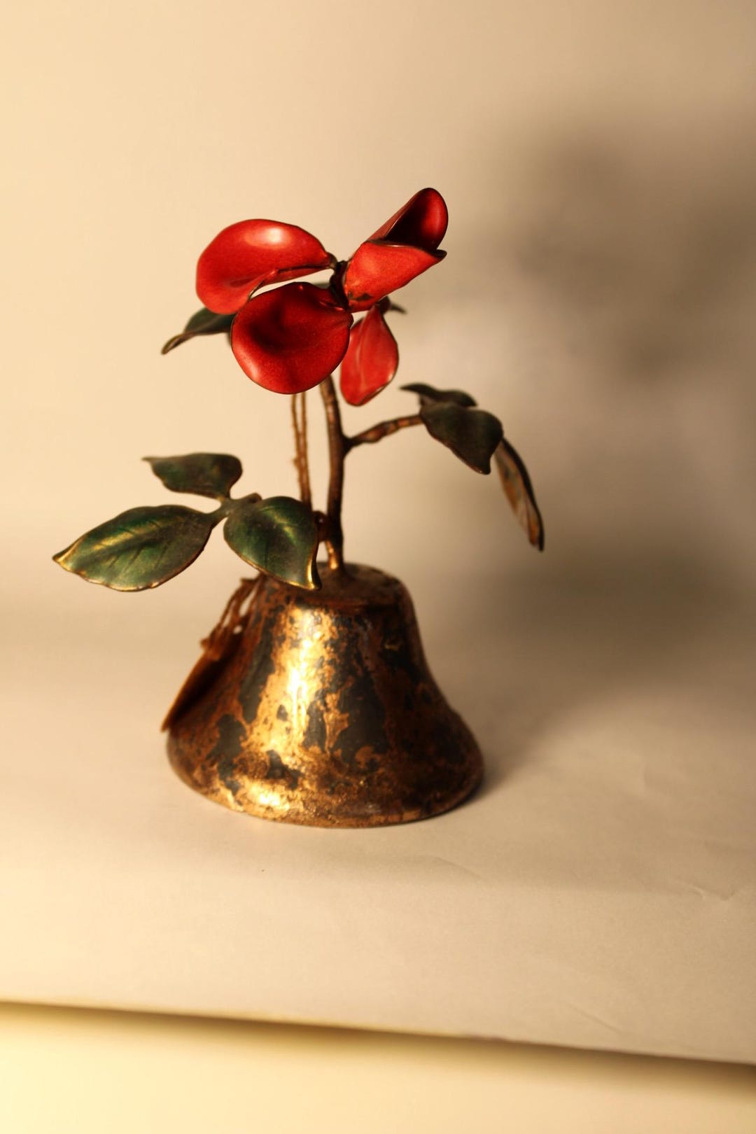 Bovano of Cheshire Enamel on Copper Bell Red Flower With Green Leaves ...