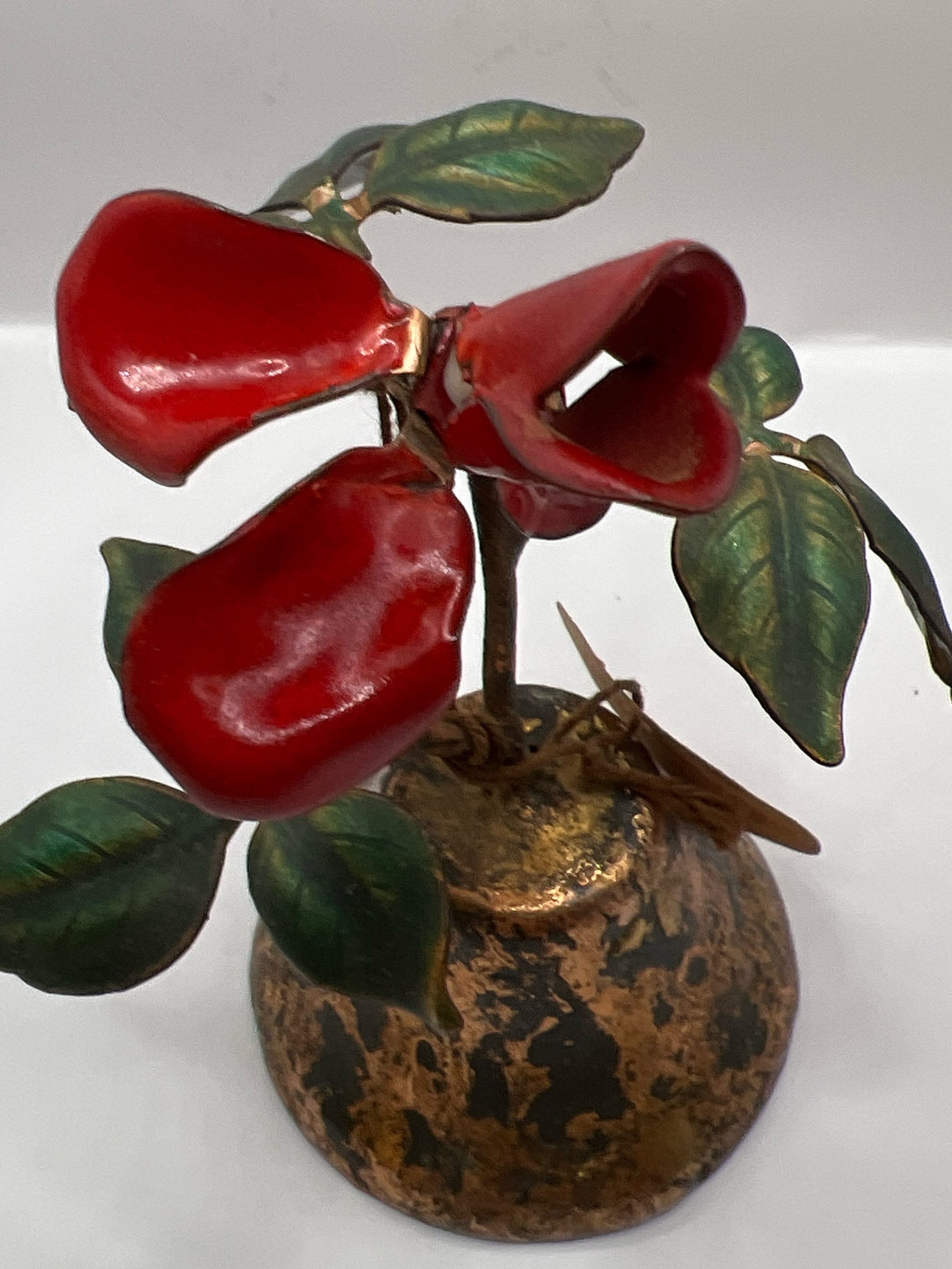 Bovano of Cheshire Enamel on Copper Bell Red Flower With Green Leaves ...