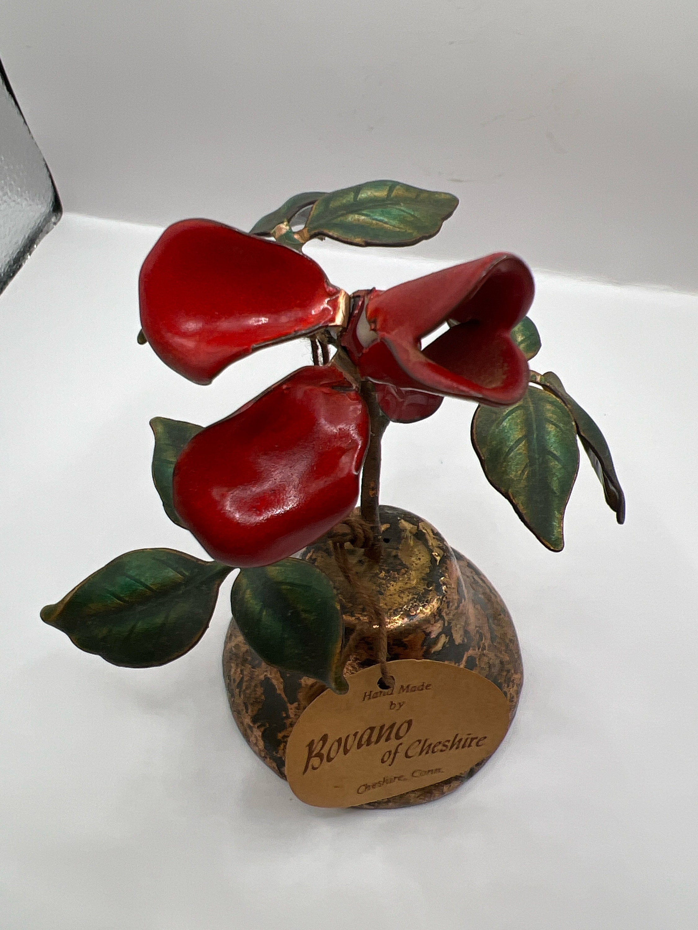 Bovano of Cheshire Enamel on Copper Bell Red Flower With Green Leaves ...