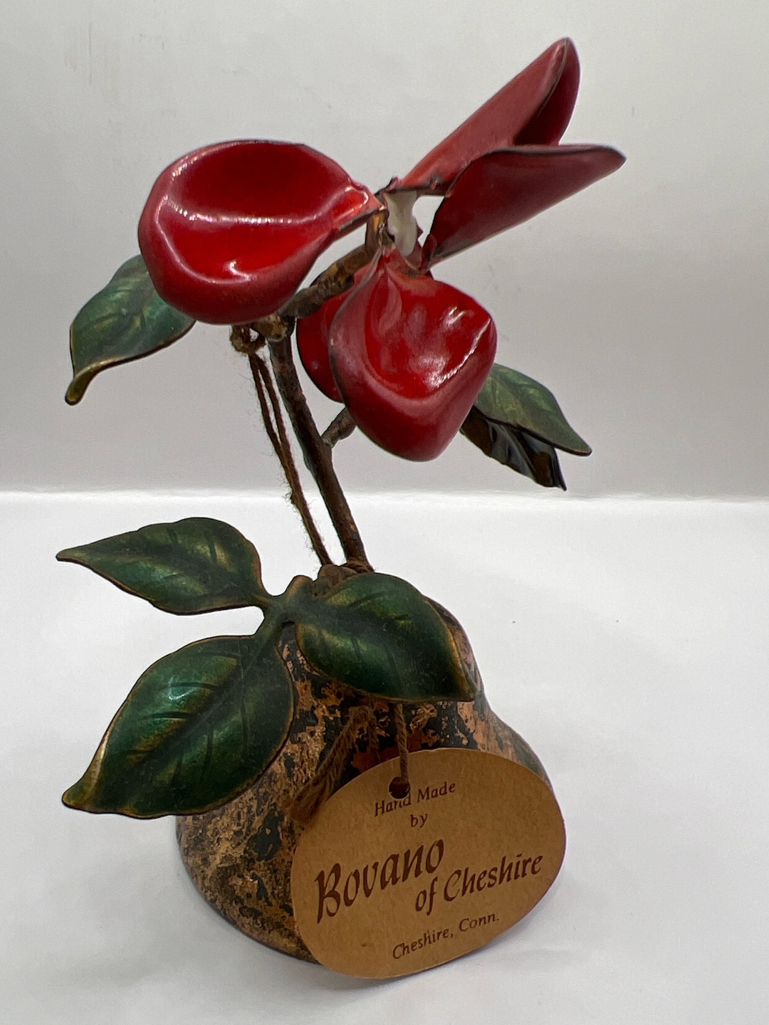Bovano of Cheshire Enamel on Copper Bell Red Flower With Green Leaves ...