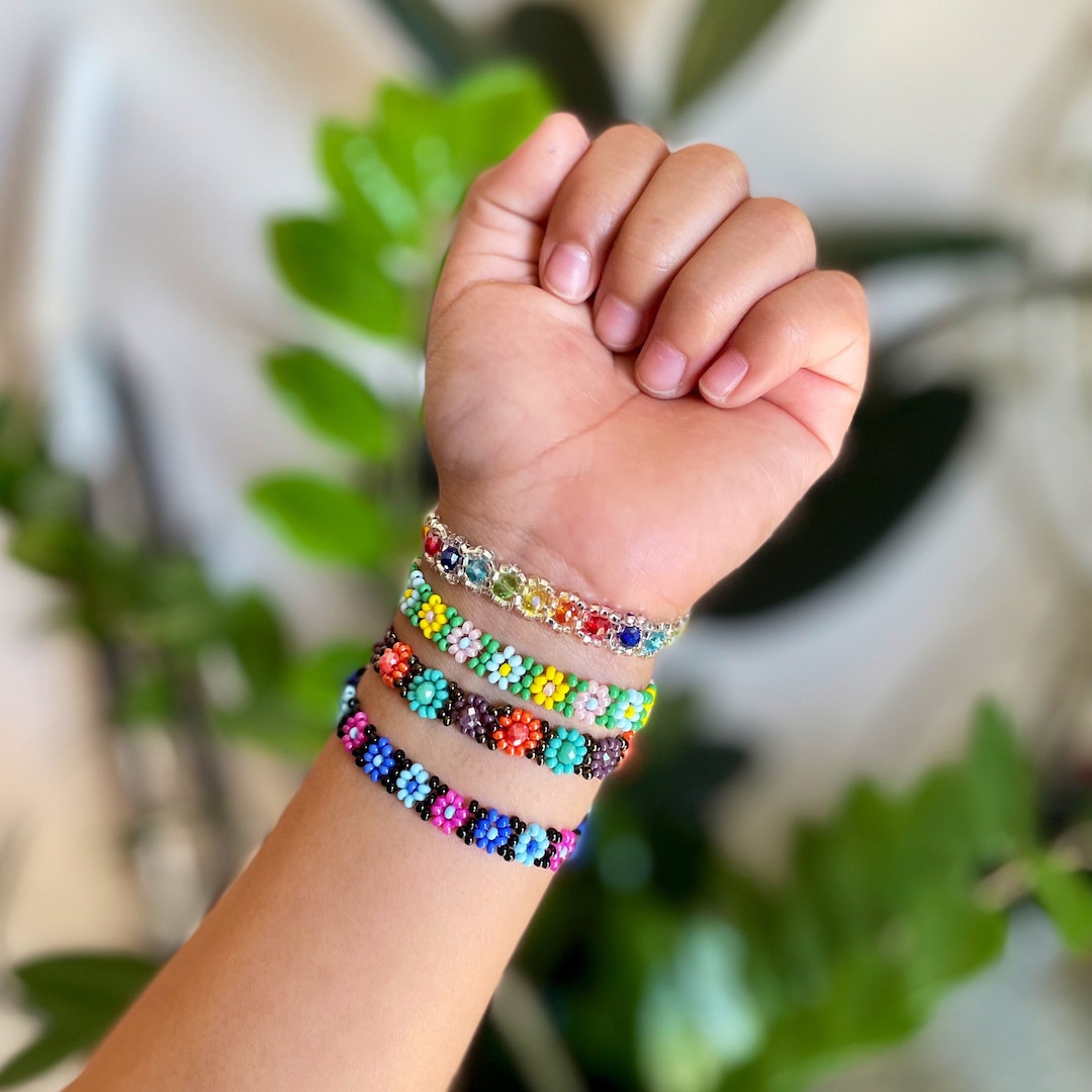 Girls Small Daisy Beaded Bracelets Little Girls Young Kids Huichol Seed ...