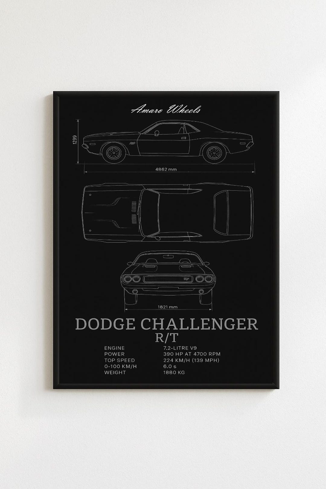 Dodge Challenger RT 1969 - Blueprint - Premium Print, Automotive Wall ...