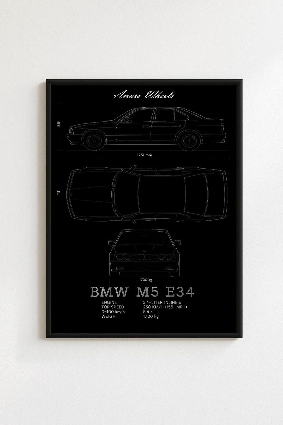 BMW M5 E34 - Blueprint - Premium Print, Automotive Wall Art, Old ...